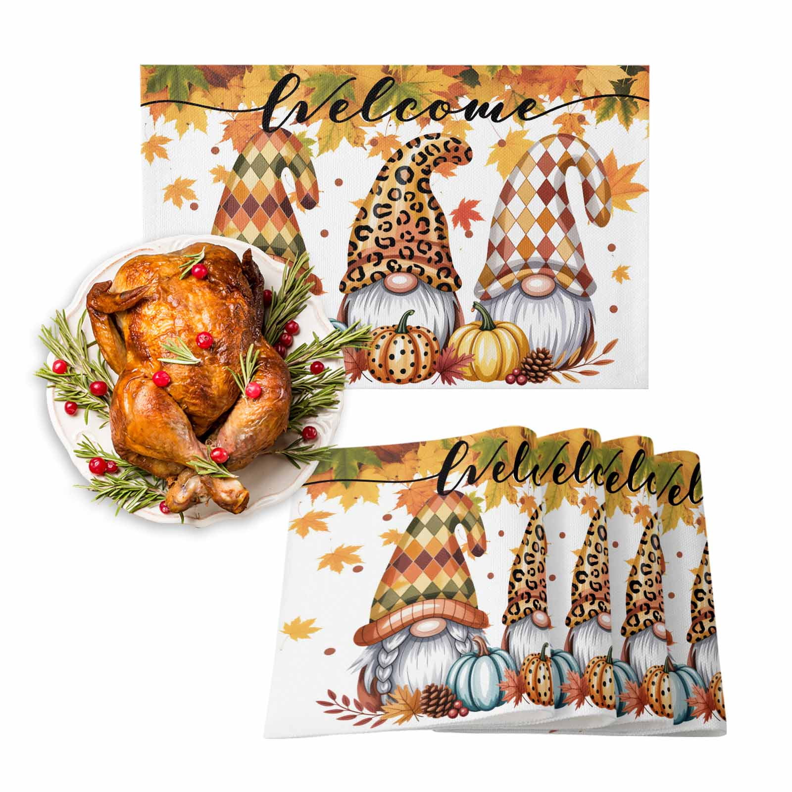 Fall Placemats Set of 6 Pumpkin Gnome Place Mats Thanksgiving Placemat ...