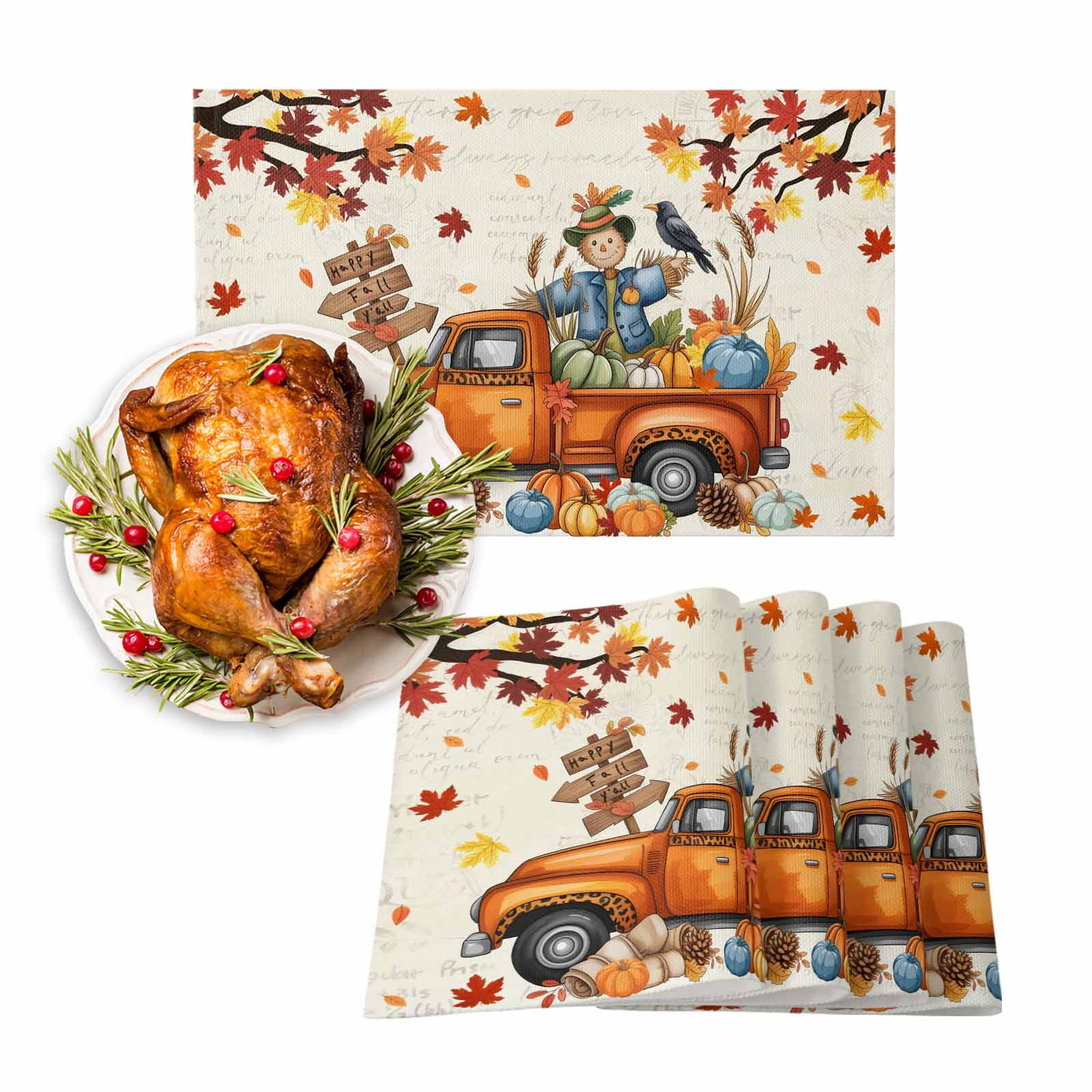 Fall Placemats Set of 6 Scarecrows Pumpkin Truck Place Mats ...