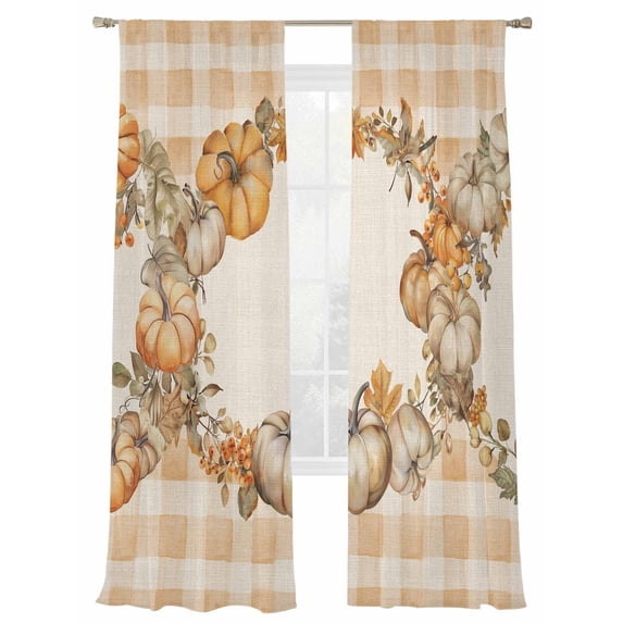 Fall Plants Sheer Curtains 2 Panels Set Pumpkin Leaves Wreath Orange ...