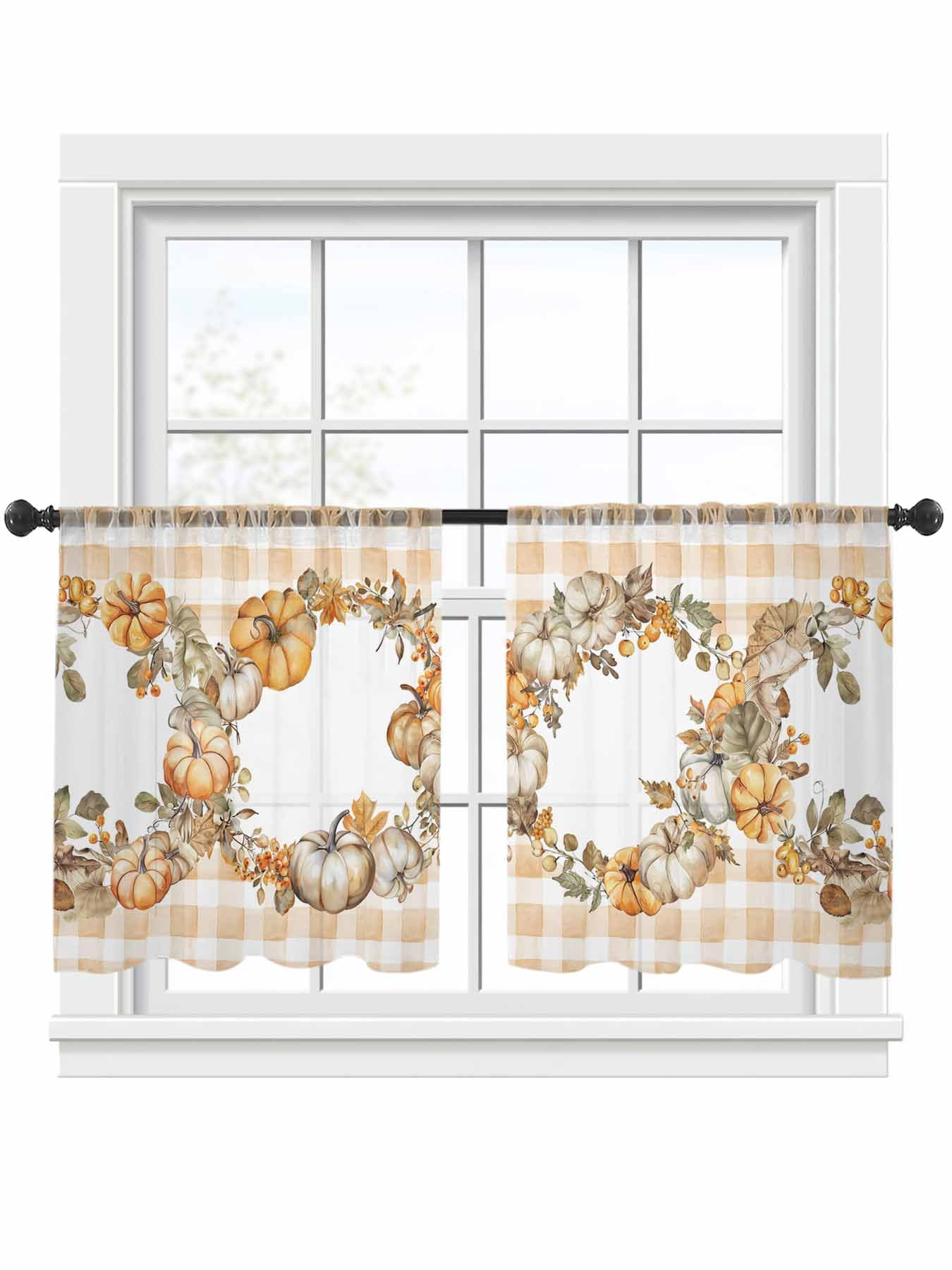 Fall Plants Sheer Curtains 2 Panels Set Pumpkin Leaves Wreath Orange ...