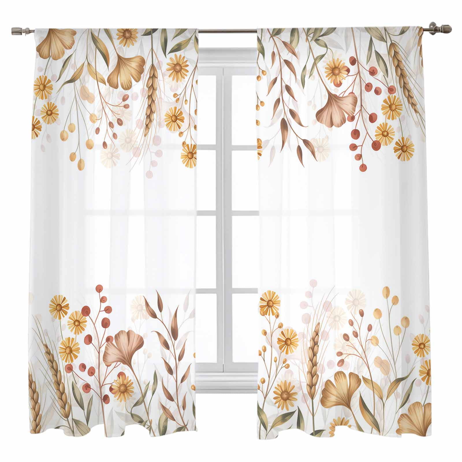 Fall Plants Sheer Curtains 63 inches Long, Watercolor Ginkgo ...