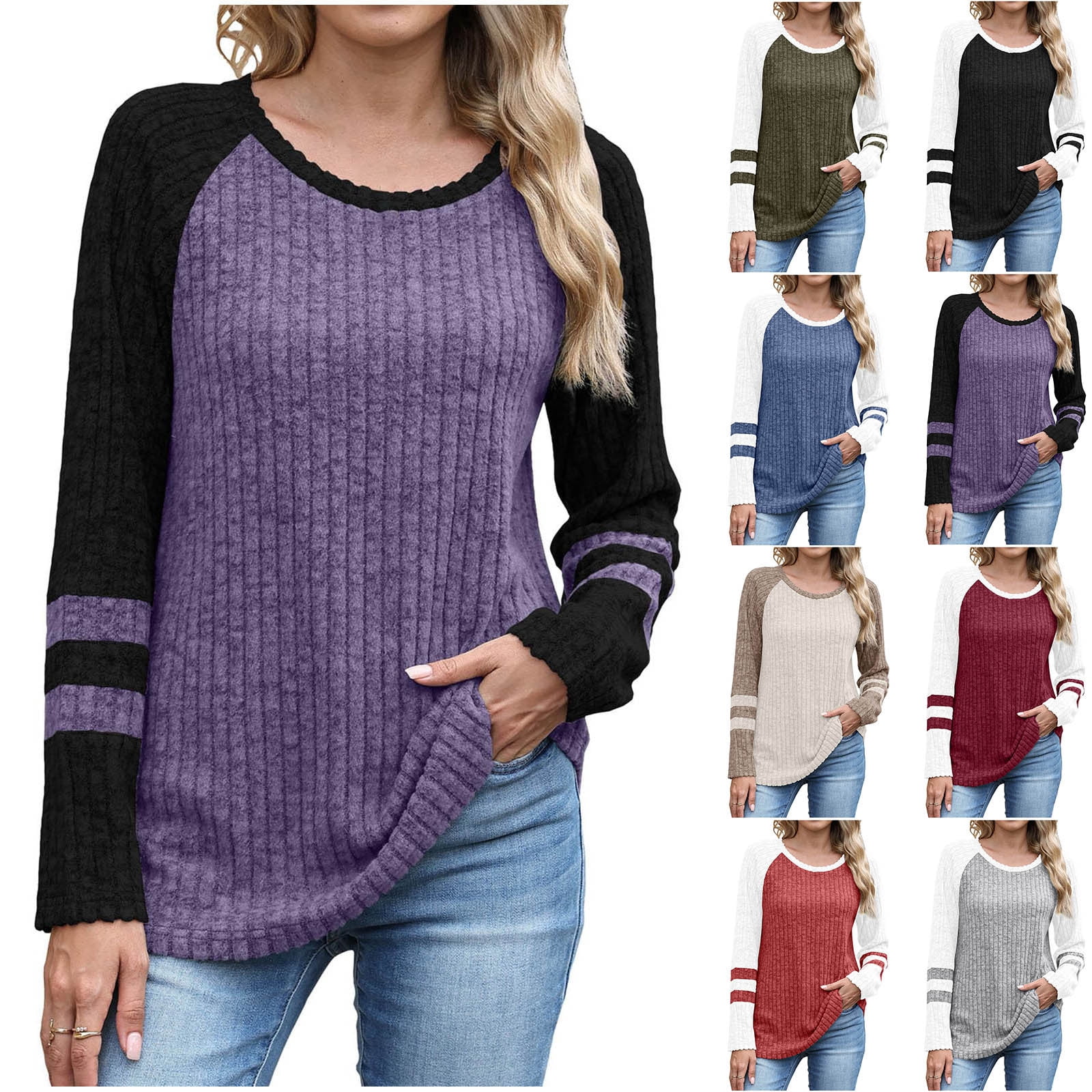 Fall Plus Size Blouses Tops For Women Lightweight Patchwork Long Sleeve ...