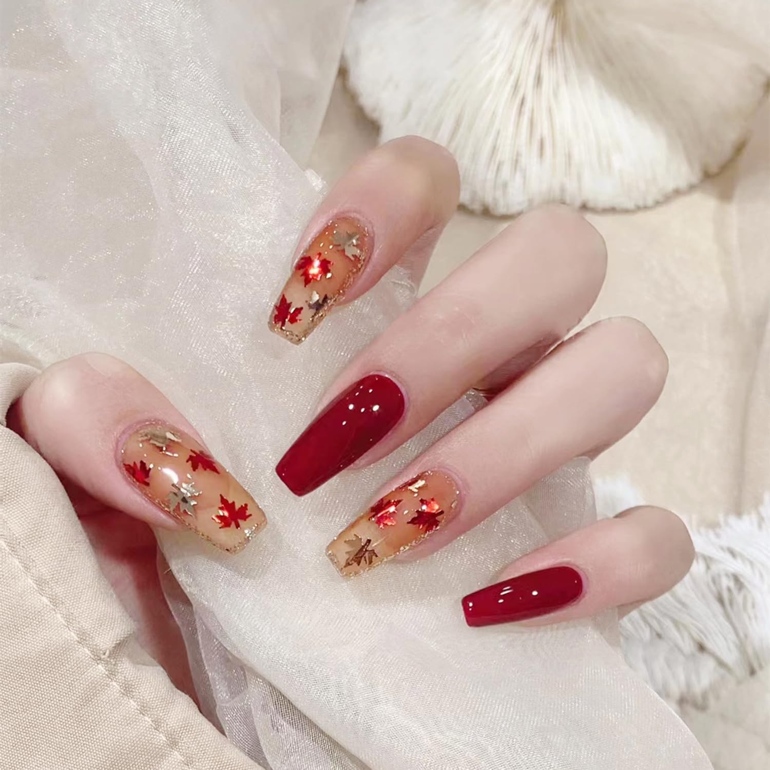 Fall Press on Nails Long Coffin Fake Nails Autumn Maple Leaves False ...