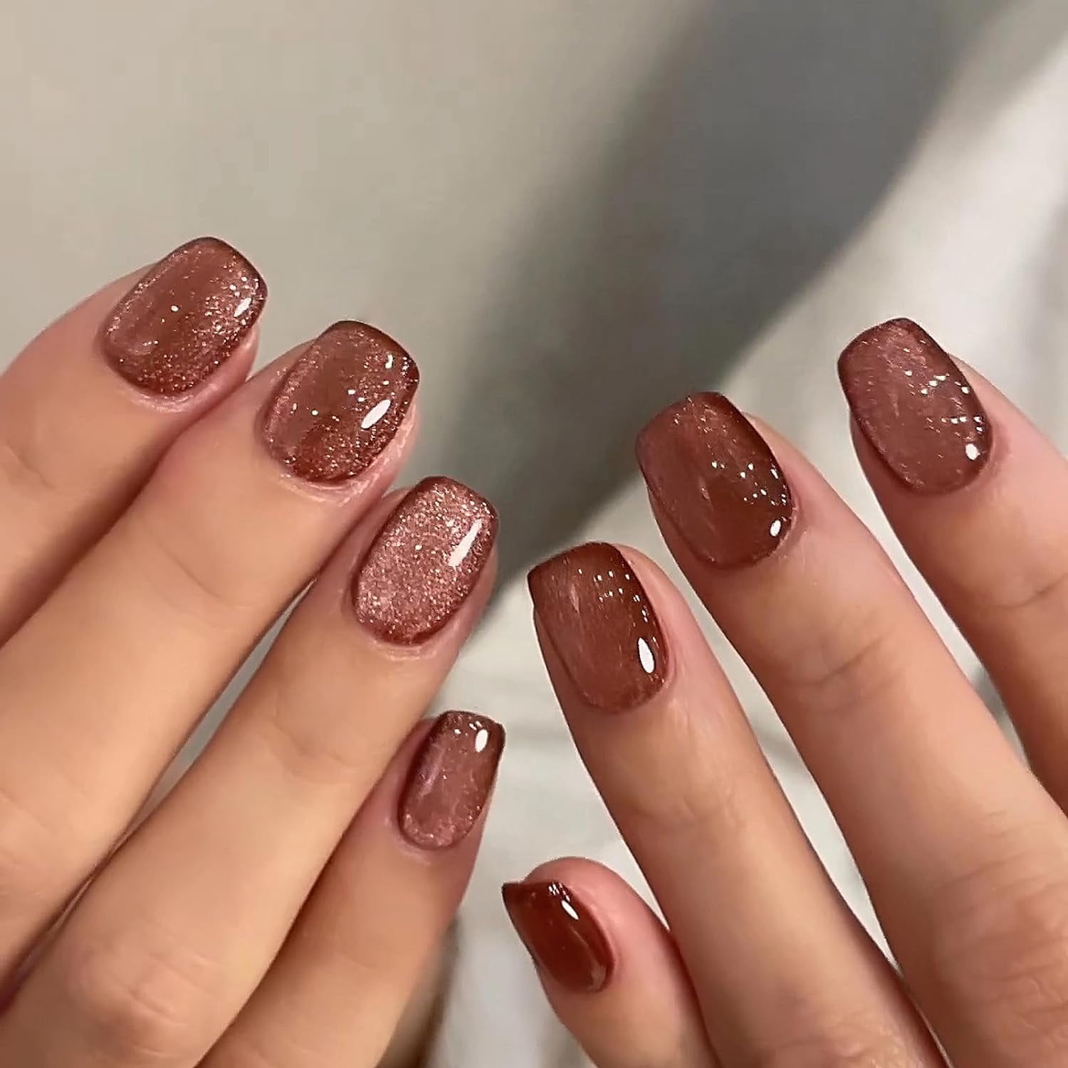 Fall Press on Nails Short Square Fake Nails Glossy Glue on Nails Bling ...