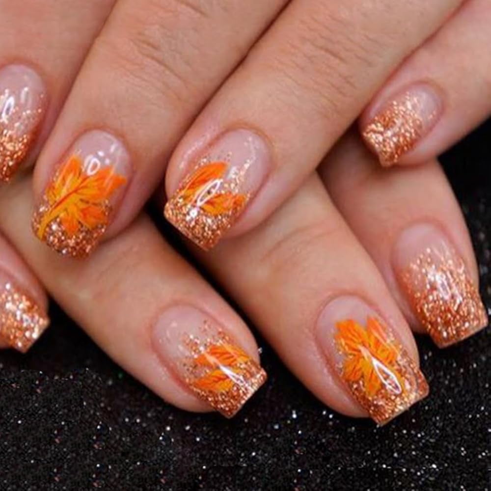 Fall Press on Nails Short Square False Nails Orange Glitter Designs ...
