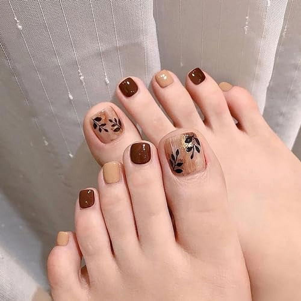 Fall Press on Toe Nails Brown Fake Toe Nails Full Cover Short Square ...