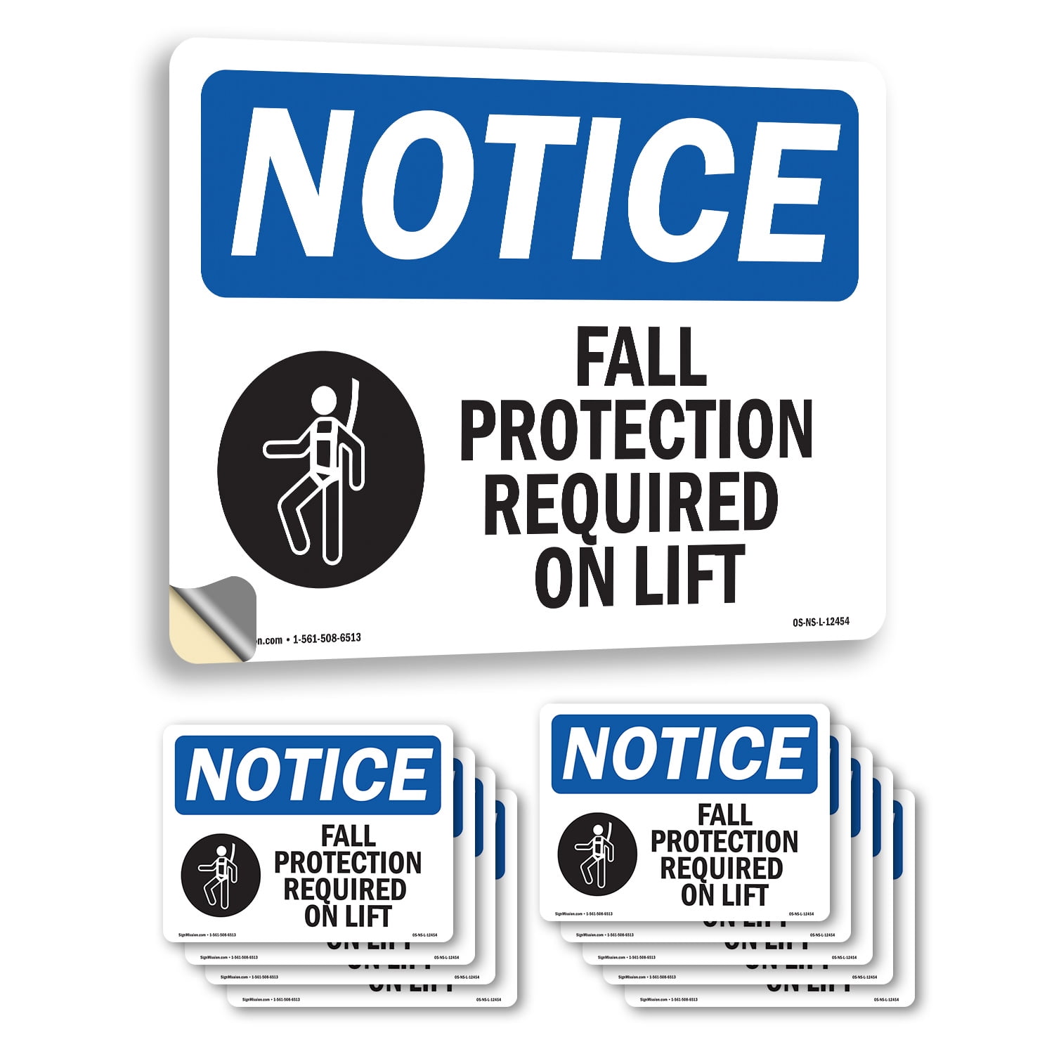Fall Protection Required On Lift With Symbol OSHA Notice Vinyl Decal ...