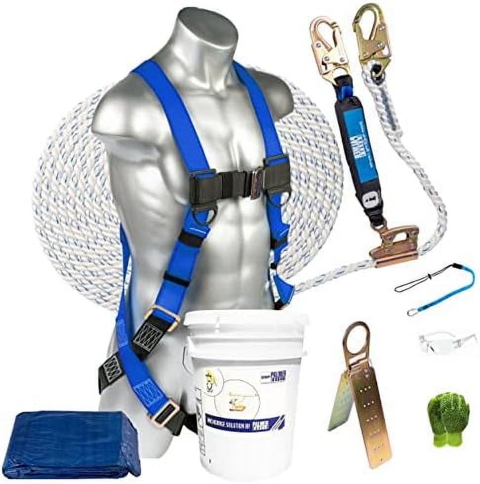 Fall Protection Roofing Bucket Kit I Full-Body Harness, 50' Vertical Rope & Anchor Set I Safety ...