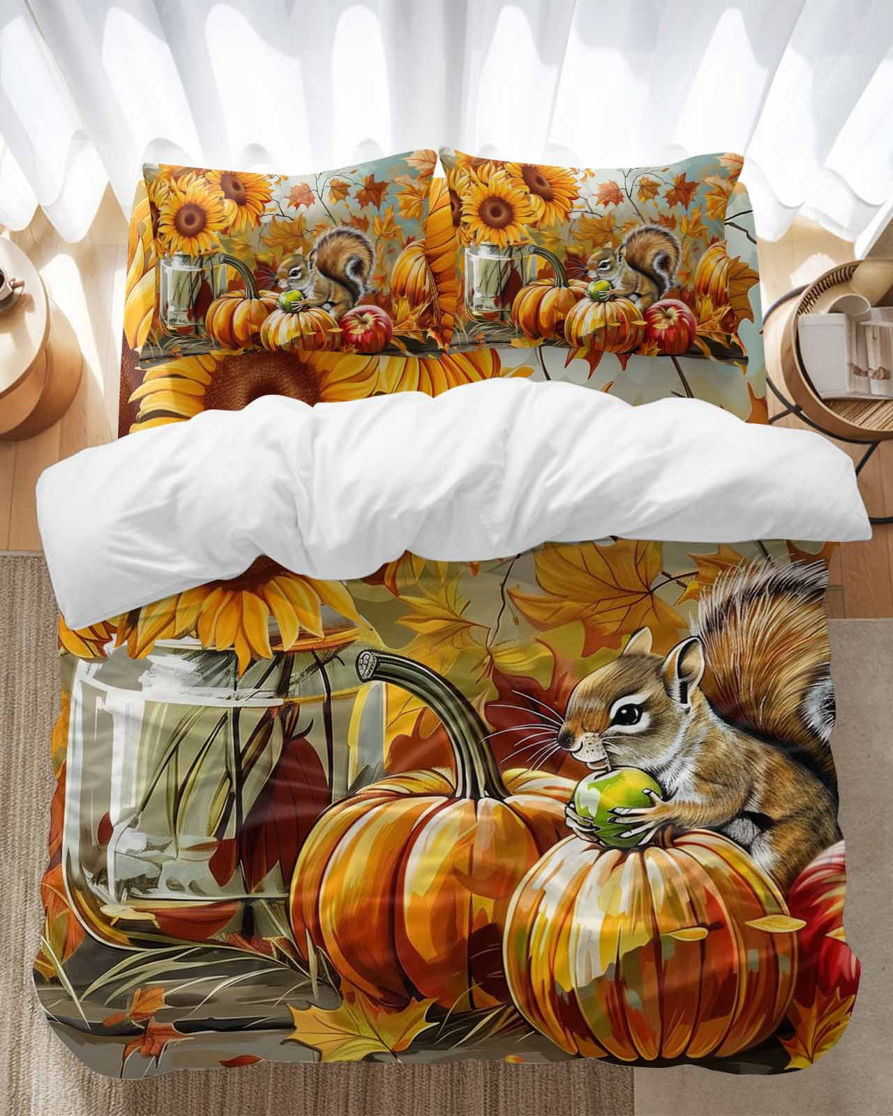 Fall Pumpkin Bedding Duvet Cover Set Twin Size 4 Pieces Cute Squirrel ...