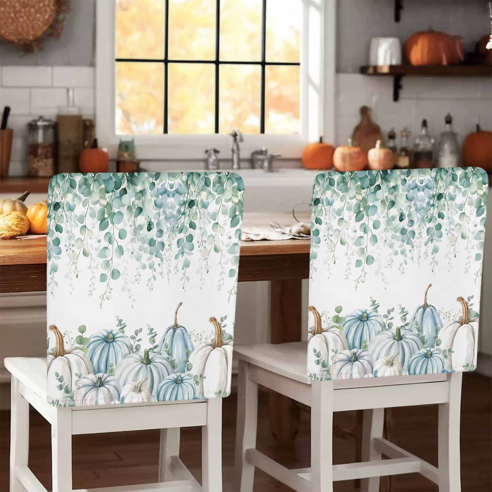 Fall Pumpkin Chair Covers Set of 6 Green Eucalyptus Leaves Chair Back ...