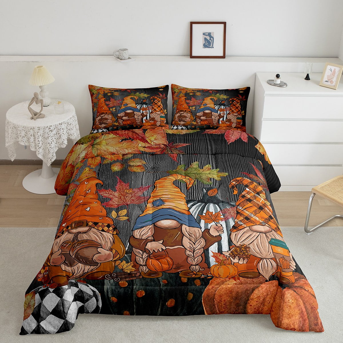 Fall Pumpkin Comforter Set King, Cute Autumn Gnome Bedding, Fall Leaves ...