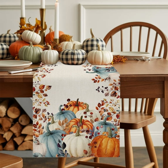 Fall Pumpkin Eucalyptus Leaves Table Runner 13x36in Non-Slip Cotton ...