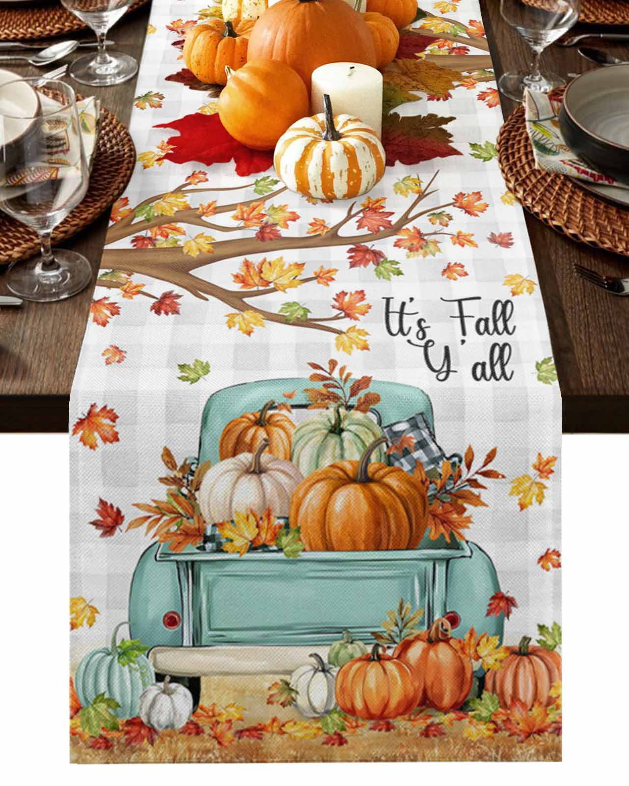 Fall Pumpkin Farm Truck Maple Leaf Grey Plaid Table Runner-70 Inch Long ...