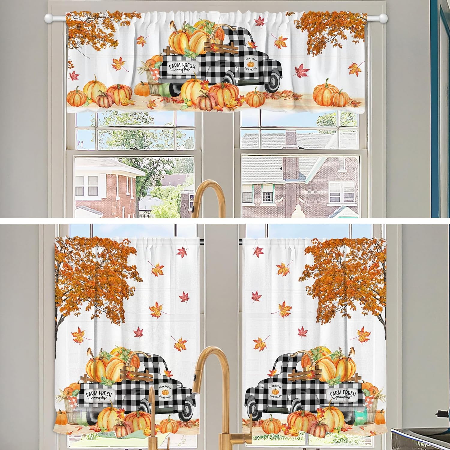 Fall Pumpkin Kitchen Curtains 3 Piece Set Autumn Maple Leaf Valance ...