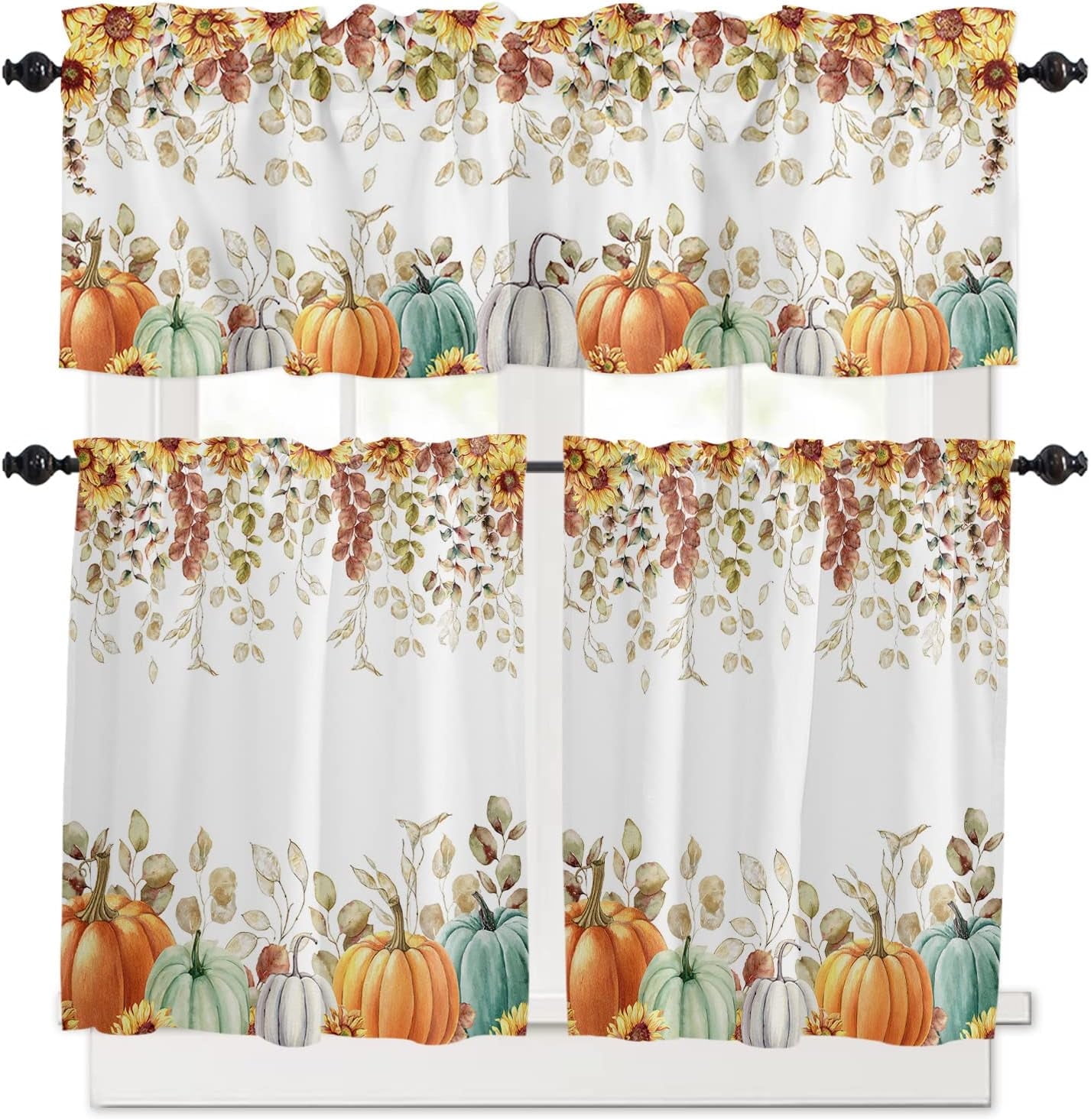 Fall Pumpkin Kitchen Curtains 3pcs Autumn Maple Leaf Valances 54"L x 36 ...