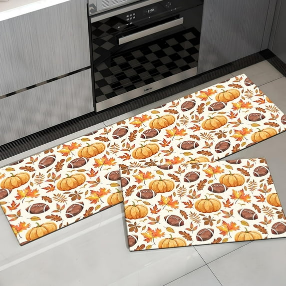 Fall Pumpkin Kitchen Mat Rugs Sets of 2,Autumn Leaves American Football ...
