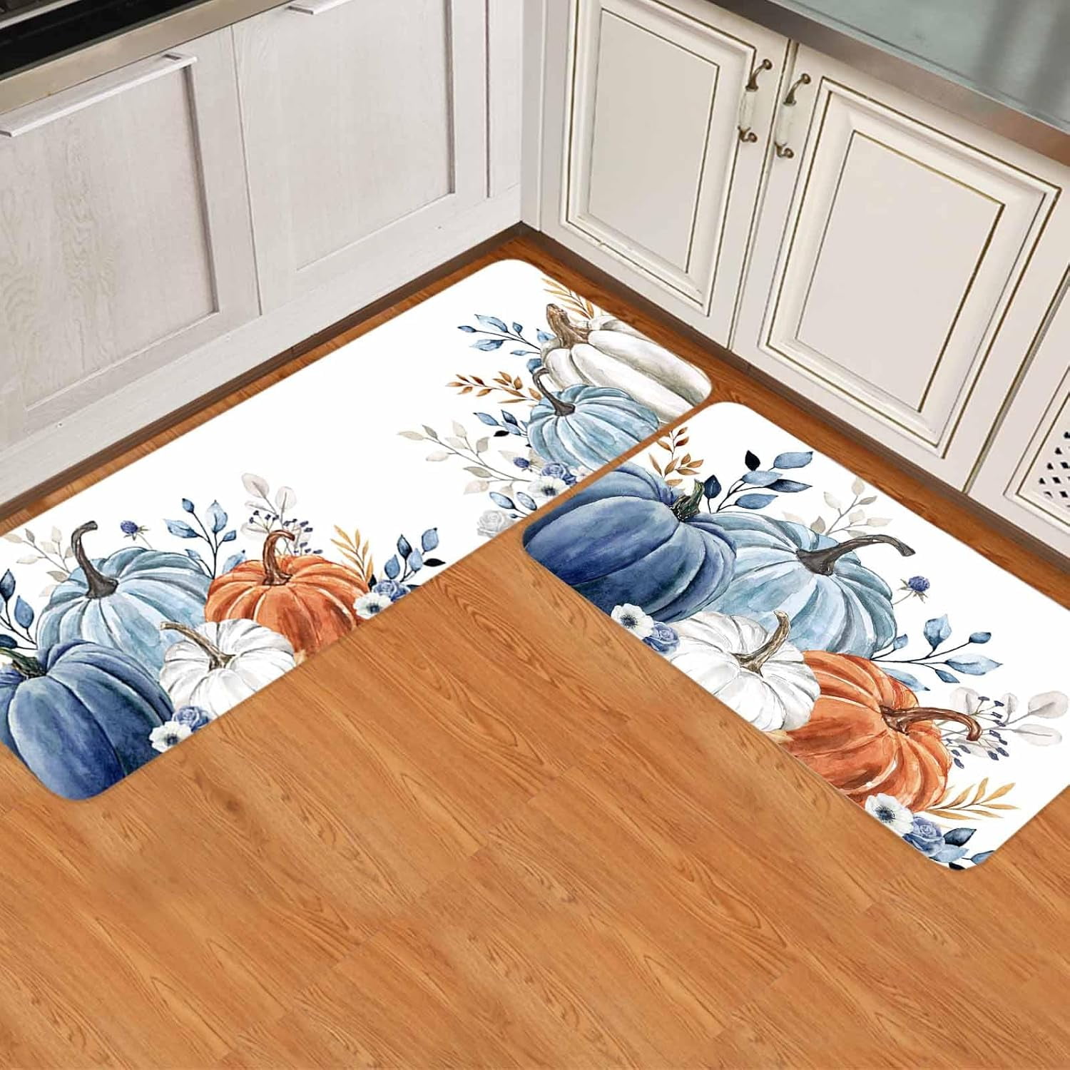 Fall Pumpkin Kitchen Mat Set 2 Pcs, Thanksgiving Watercolor Blue White ...