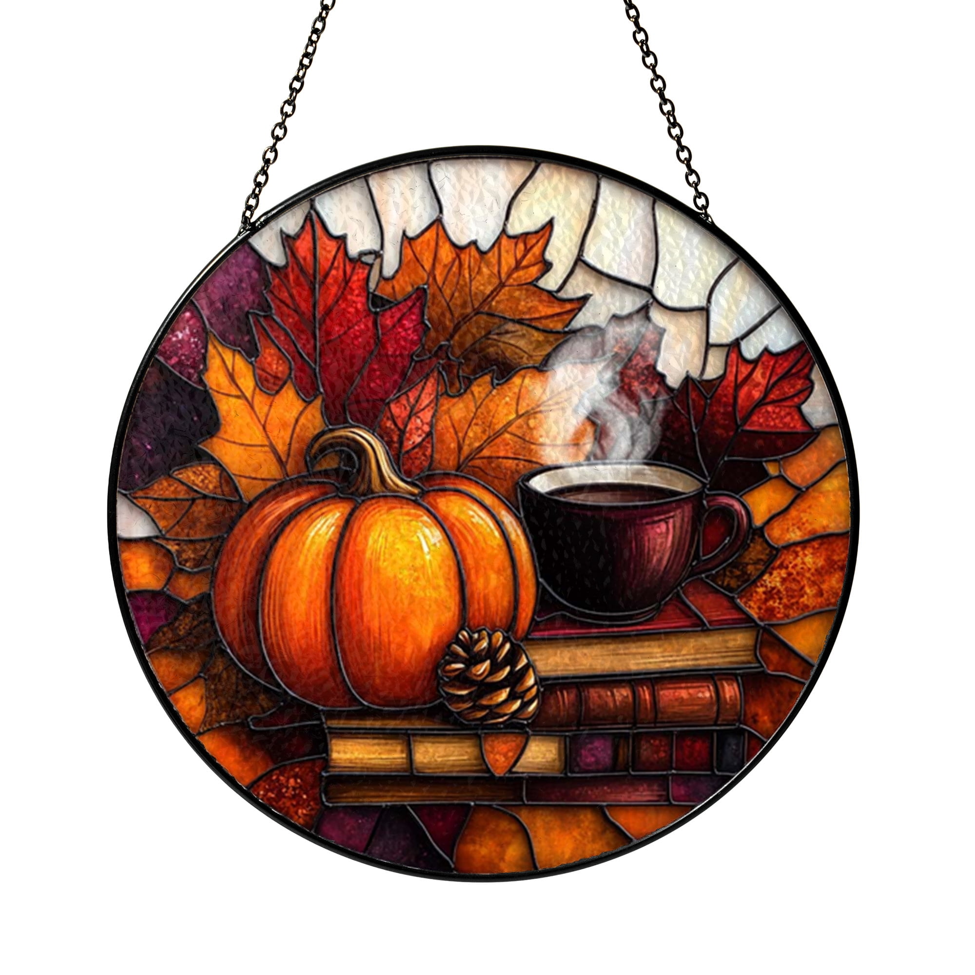 Fall Pumpkin Leaves Stained Glass Style Suncatcher Panel, Rustic Window ...