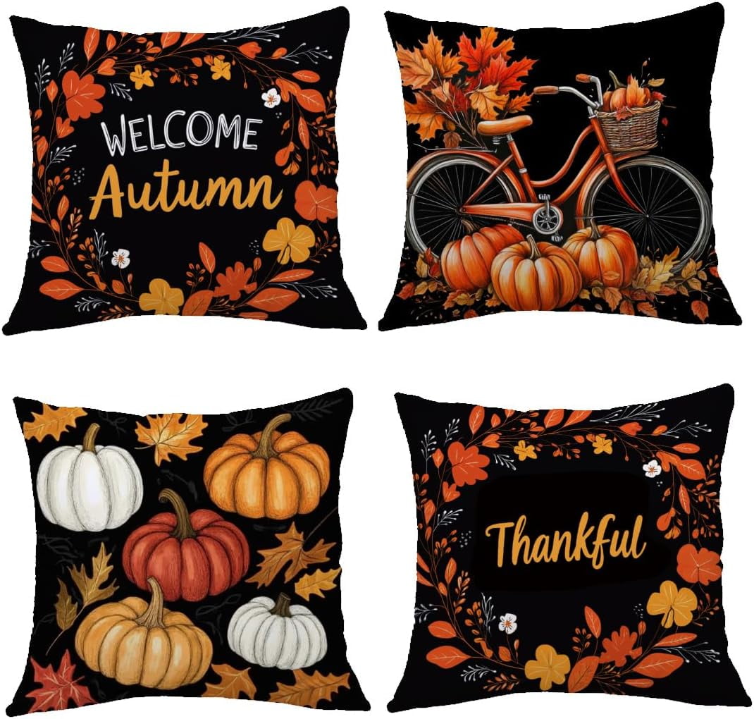 Fall Pumpkin Maple Leaf Bicycle Pillow Covers, 18x18 Set of 4 Autumn Black Background Throw ...