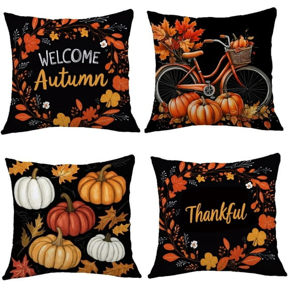 Fall Pumpkin Maple Leaf Bicycle Pillow Covers, 18x18 Set of 4 Autumn ...