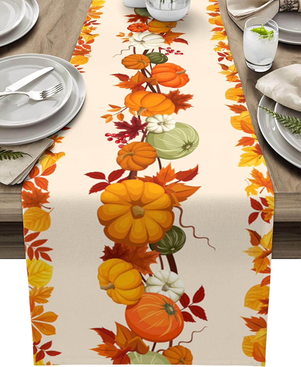 Fall Pumpkin Maple Leaf Linen Table Runner Dresser Scarf r Farmhouse ...
