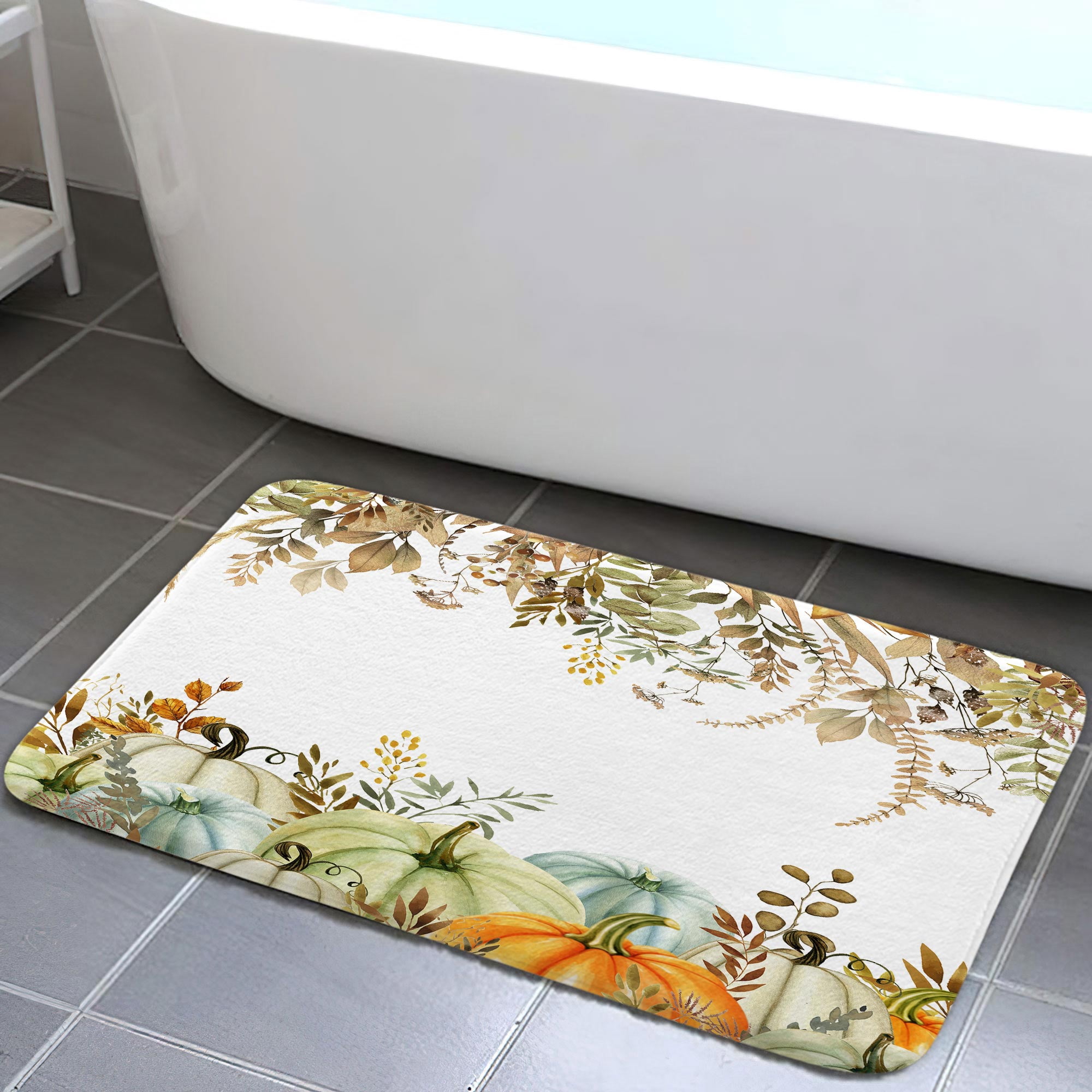 Fall Pumpkin Non-slip Bath Mats Rugs, Watercolor Autumn Pumpkins Leaves ...