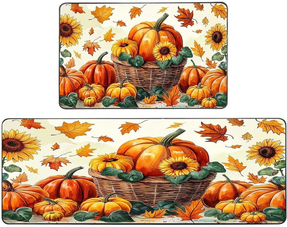 Fall Pumpkin Patch Kitchen Rugs Set of 2, Autumn Maple Leaves Kitchen ...