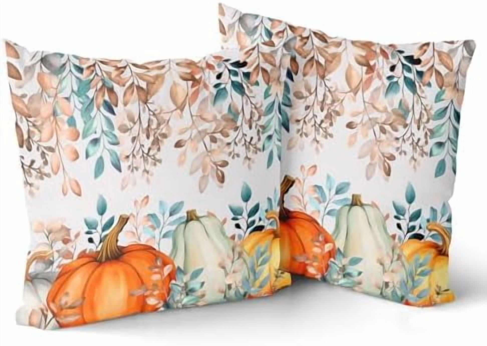 Fall Pumpkin Pillow Covers 20x20 Inch Teal Orange Autumn Leaves Throw ...