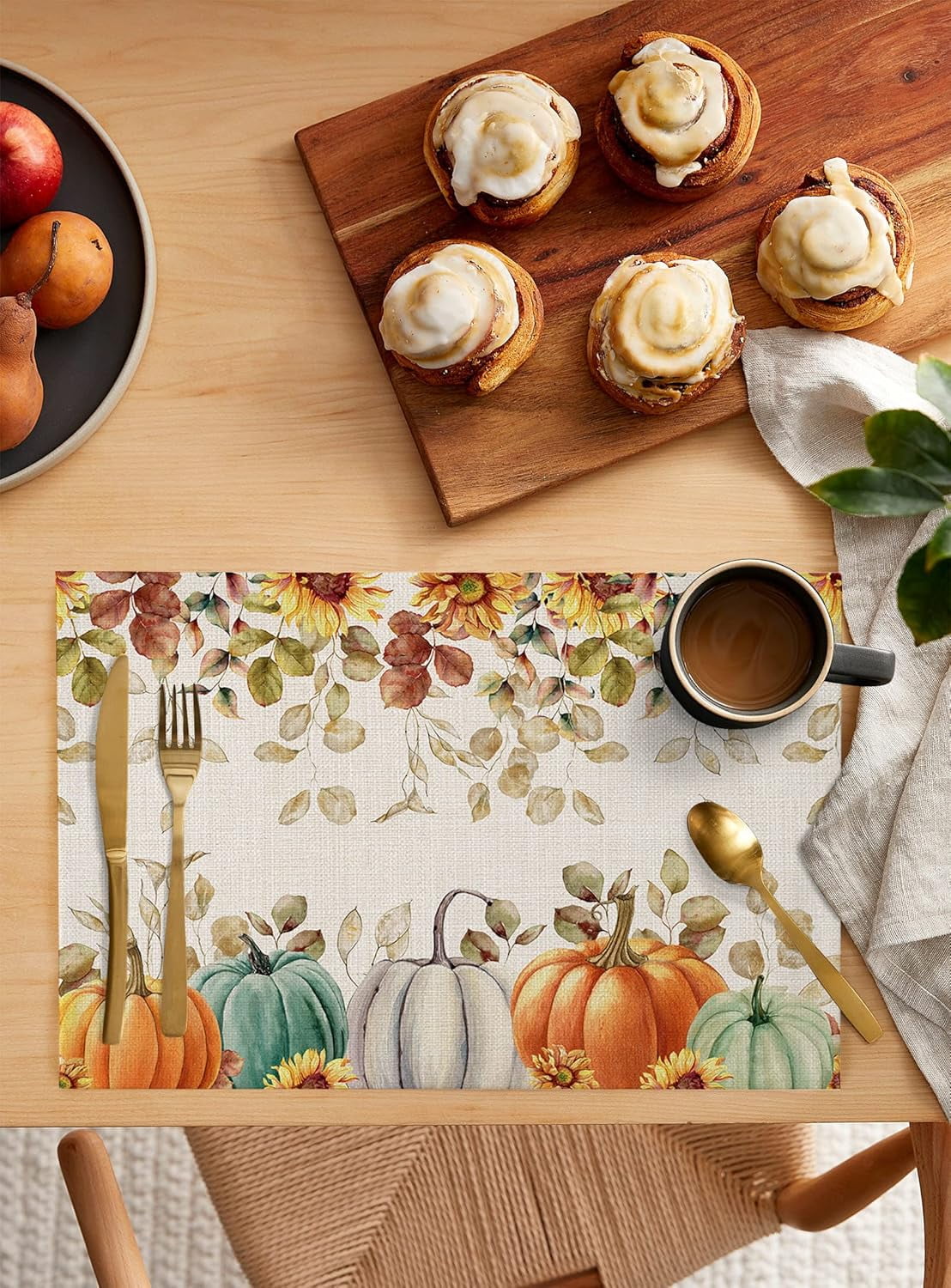 Fall Pumpkin Placemats Set of 4, Thanksgiving Maple Leaf Eucalyptus ...