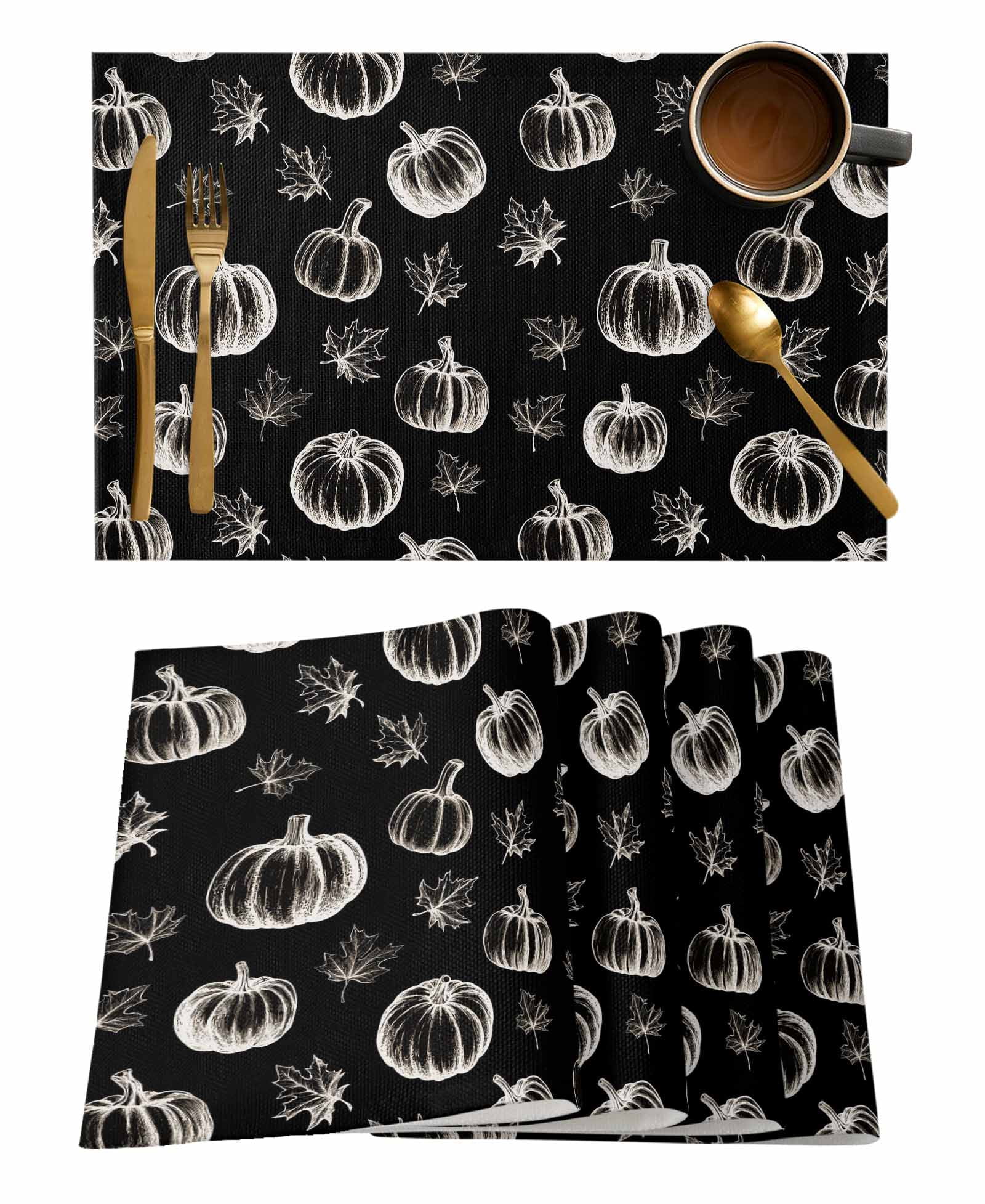 Fall Pumpkin Placemats Set of 6 Maple Leaf Thanksgiving Black ...