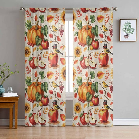Fall Pumpkin Retro Sheer Curtains 63 Inches Length 2 Panels Set, Window ...