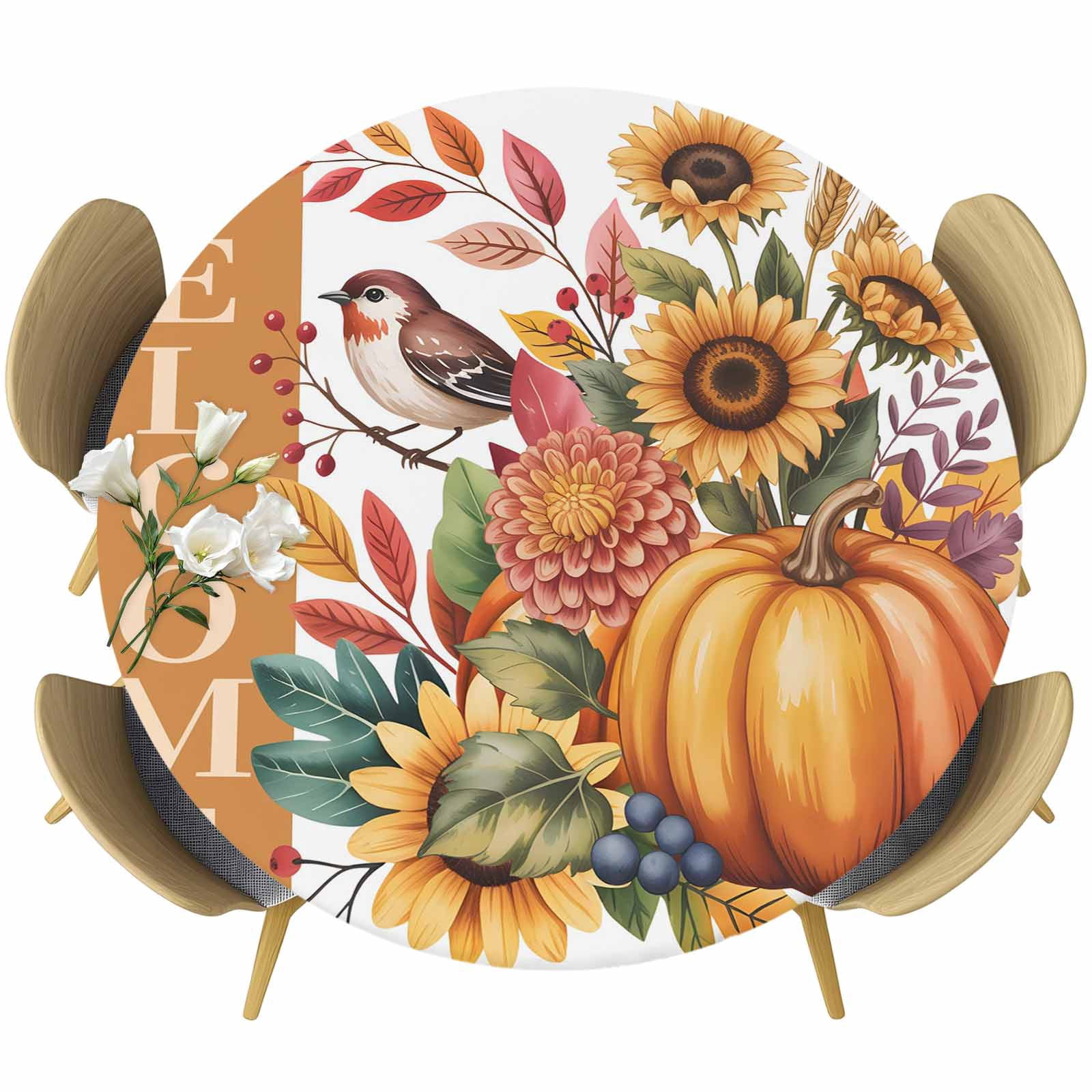 Fall Pumpkin Round Tablecloth, Fitted Table Cover with Elastic for 45 ...
