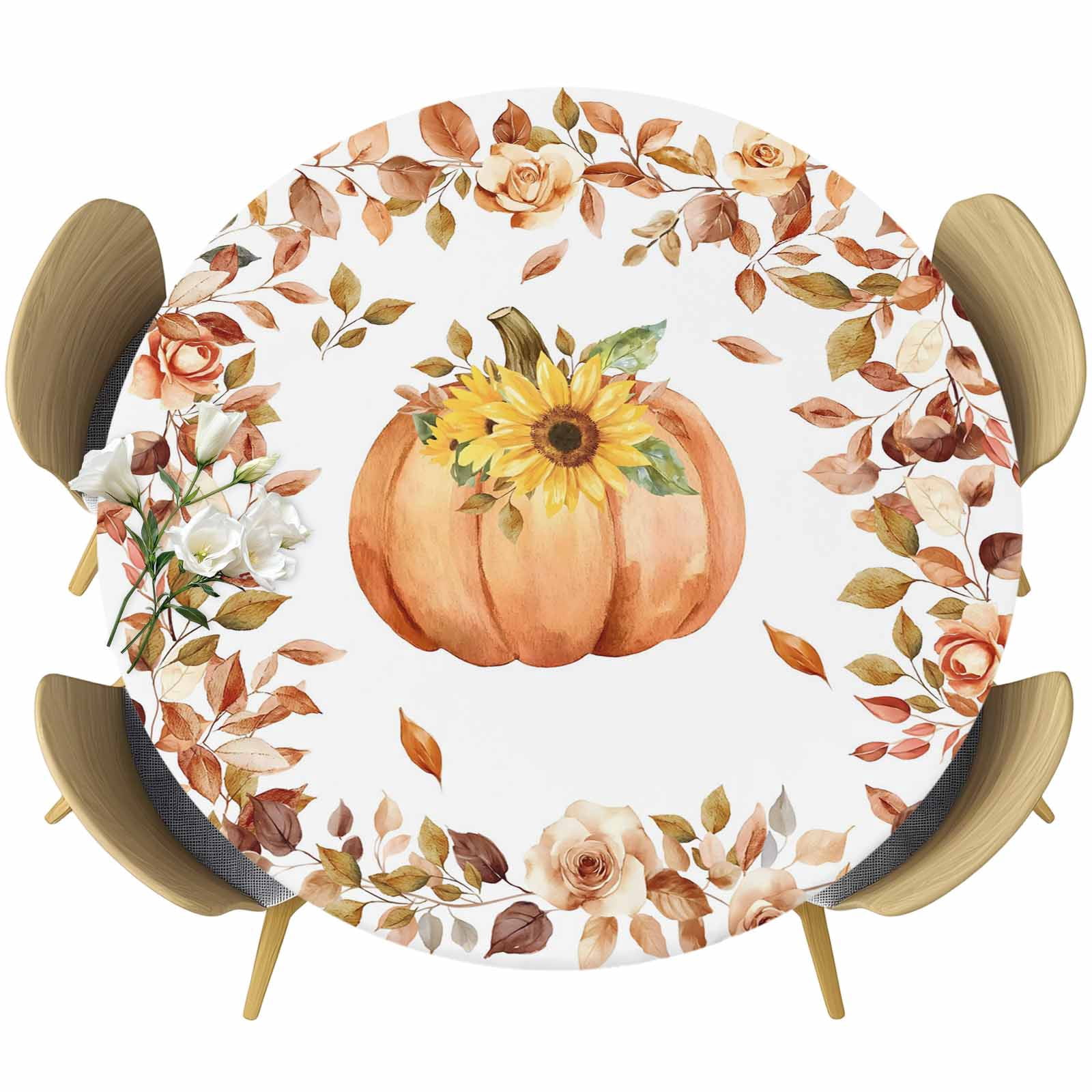 Fall Pumpkin Round Tablecloth, Fitted Table Cover with Elastic for 55 ...