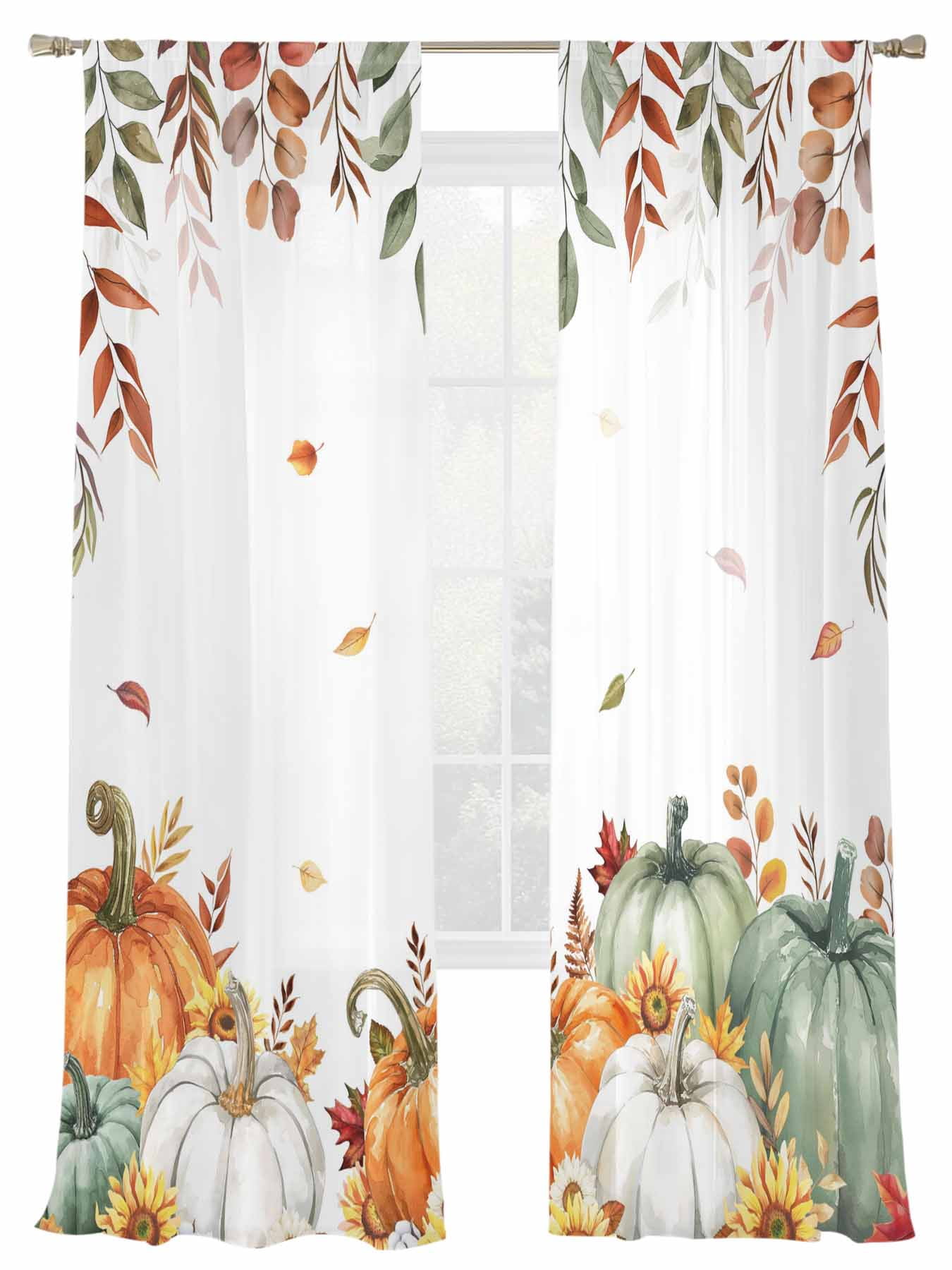 Fall Pumpkin Sheer Curtains 108 inches Long, Sunflower Leaf Watercolor ...