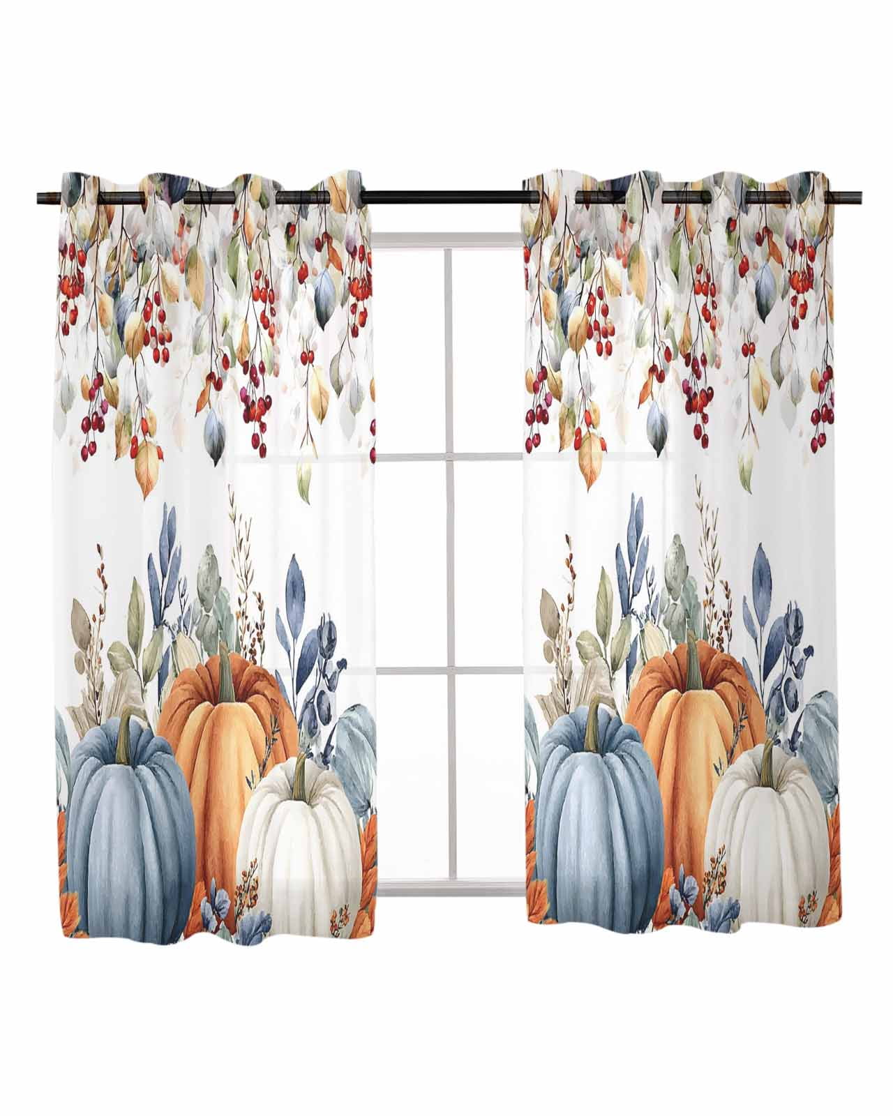 Fall Pumpkin Sheer Curtains 54 Inch Length 2 Panels Orange Blue ...