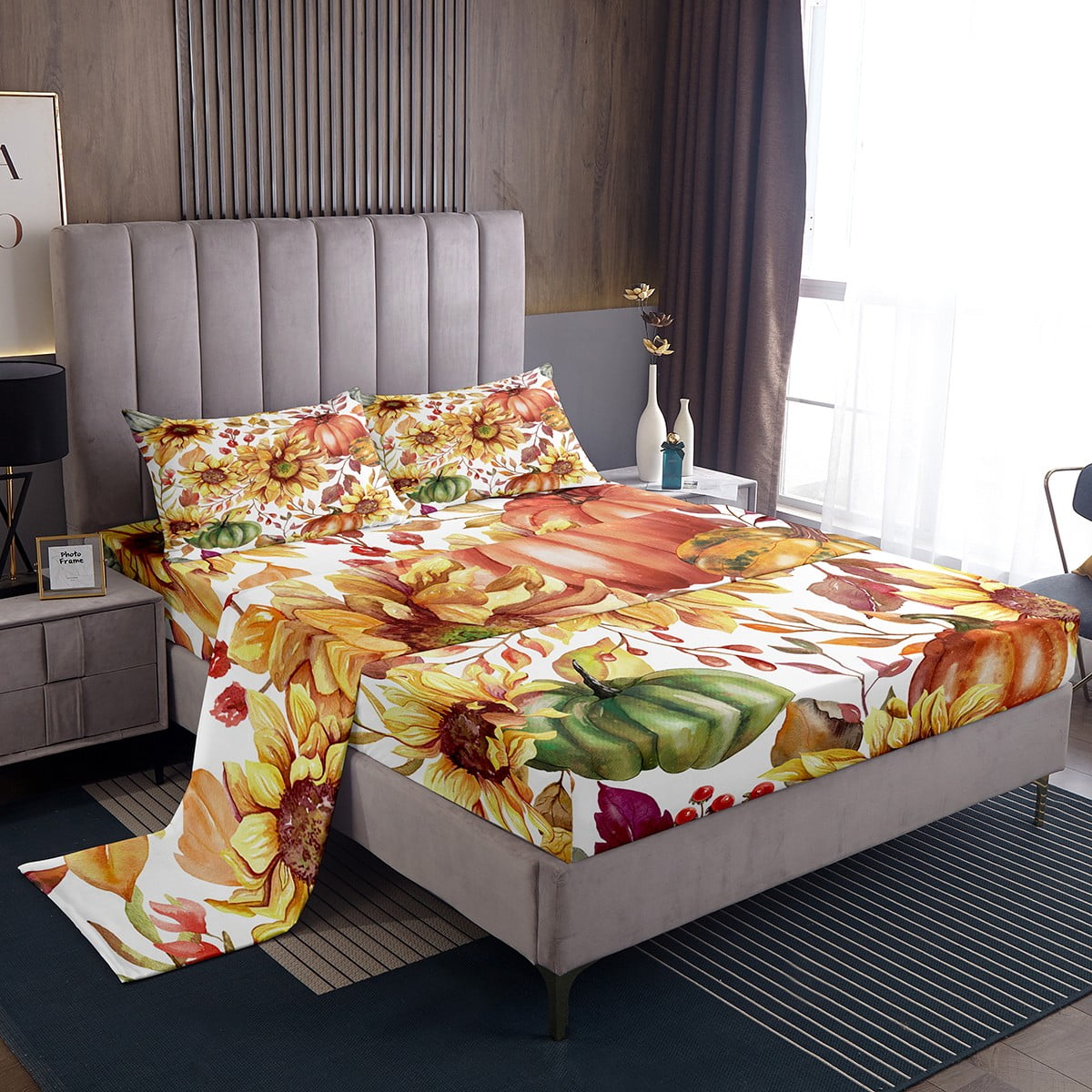 Fall Pumpkin Sheets Maple Leaf Flower Bed Sheets Set Queen Size, Autumn ...