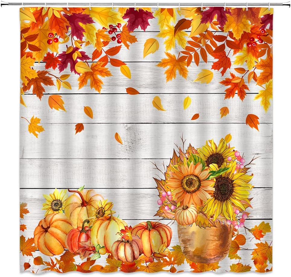 Fall Pumpkin Shower Curtain Autumn Thanksgiving Harvest Maple Leaves ...
