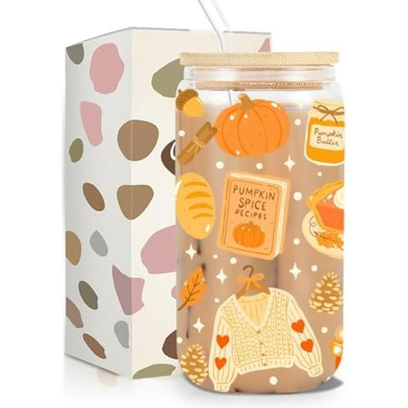 Fall Pumpkin Spice Iced Coffee Cup, Halloween Glass Tumbler, 16 oz ...
