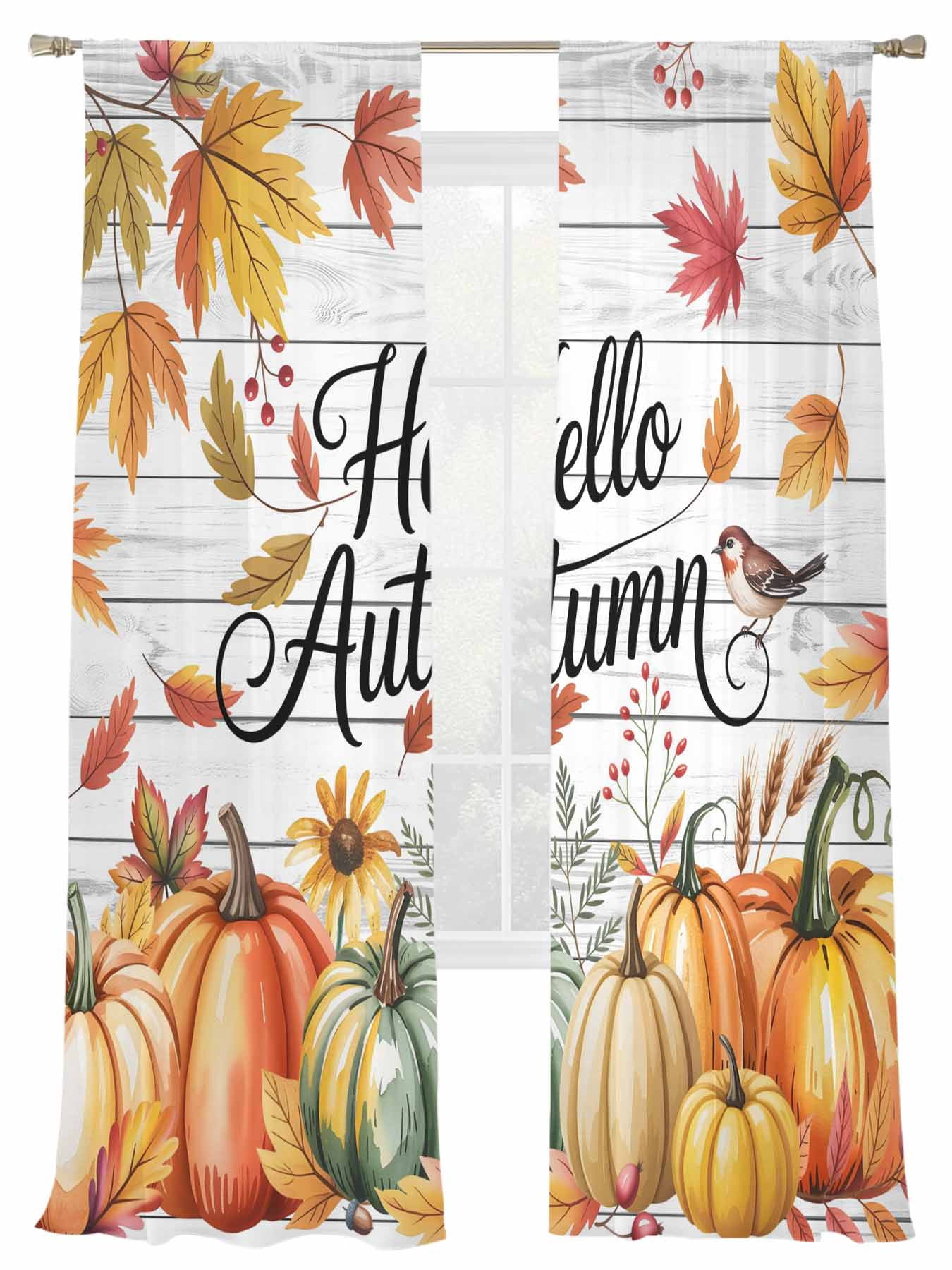 Fall Pumpkin Sheer Curtains 2 Panels Set Hello Autumn Maple Leaf Bird ...