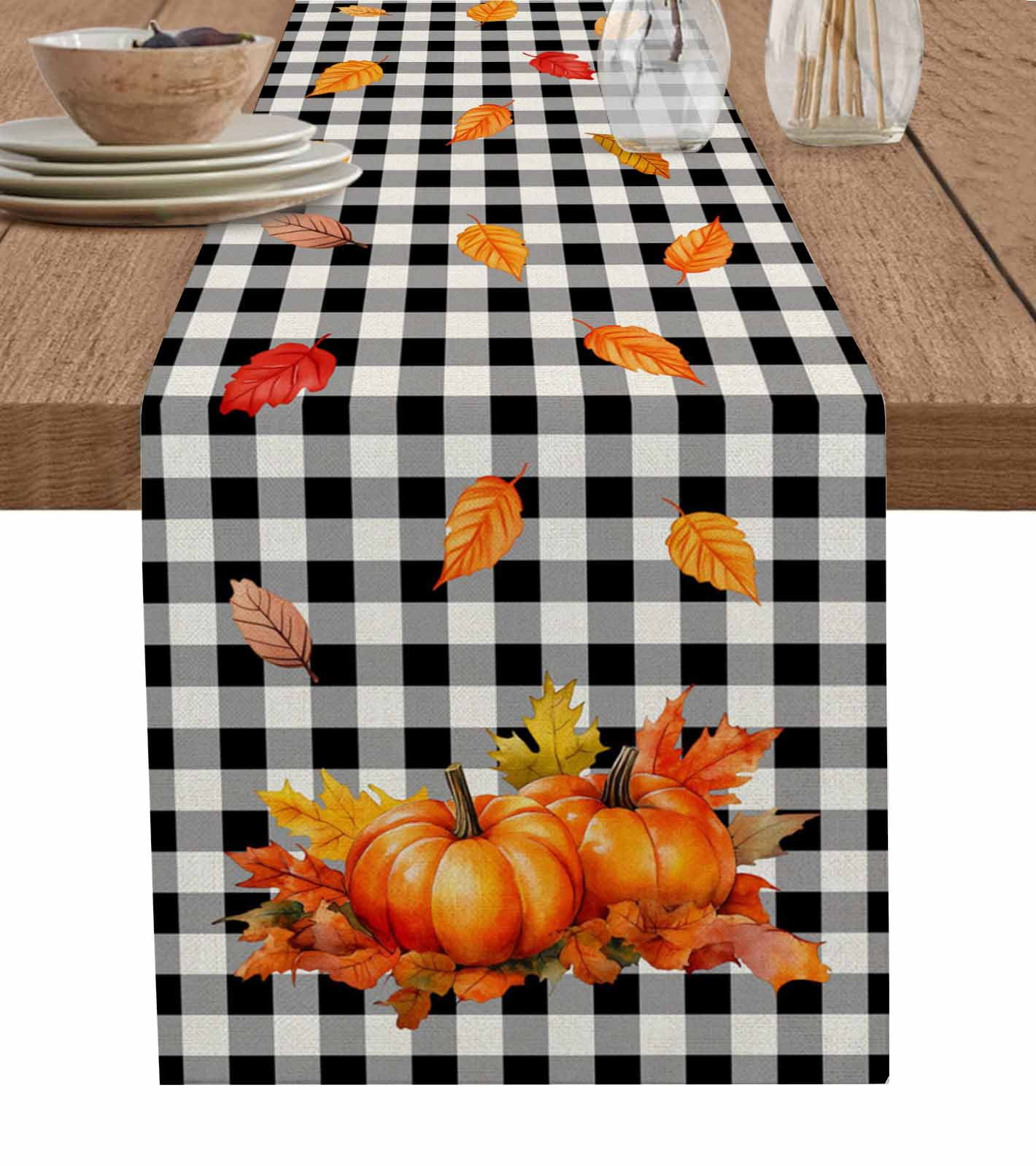 Fall Pumpkin Table Runner 120 Inches, Thanksgiving Black Check Buffalo ...