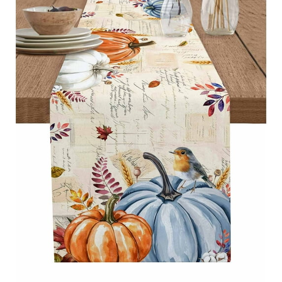 Fall Pumpkin Table Runner 60 Inches, Thanksgiving Orange Blue White ...
