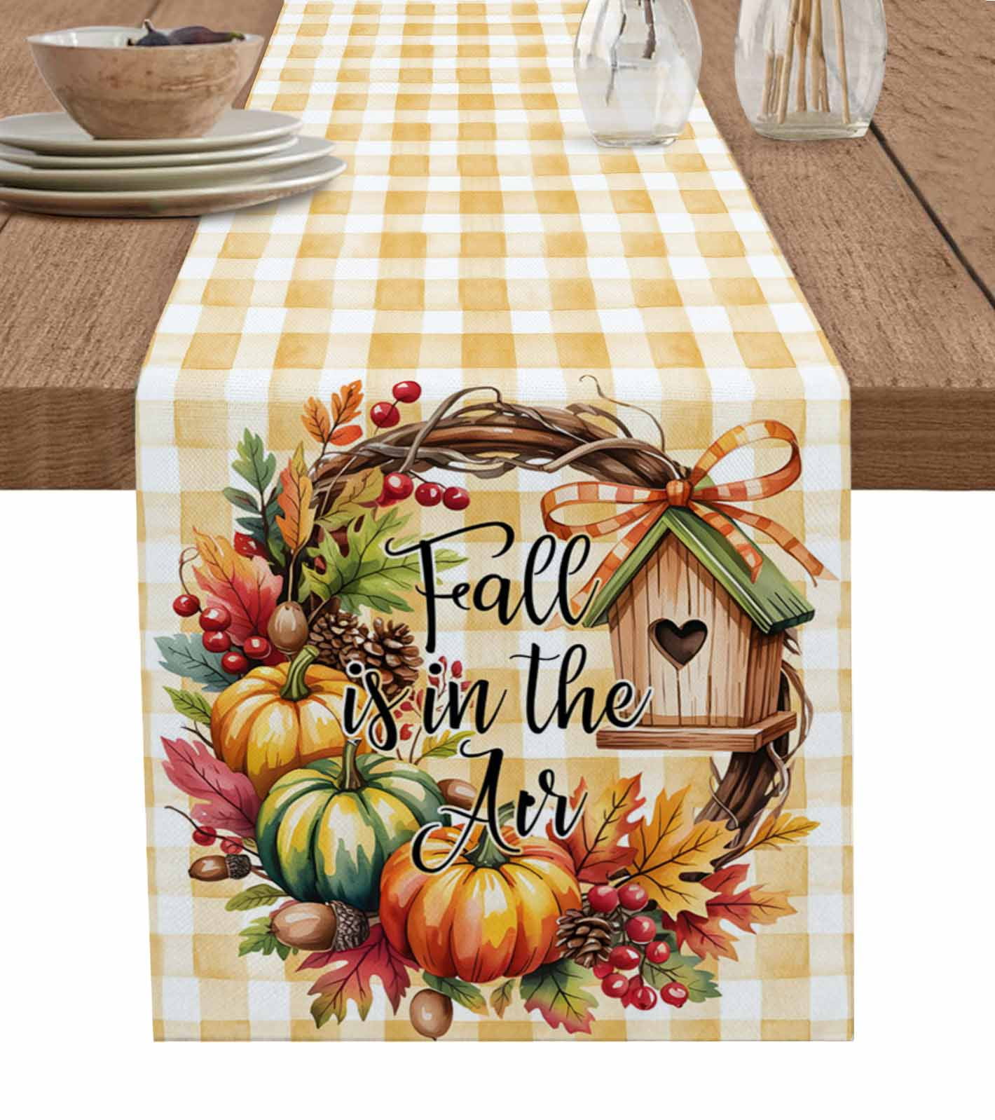 Fall Pumpkin Table Runner 72 Inches, Orange Check Maple CabinBotanical ...