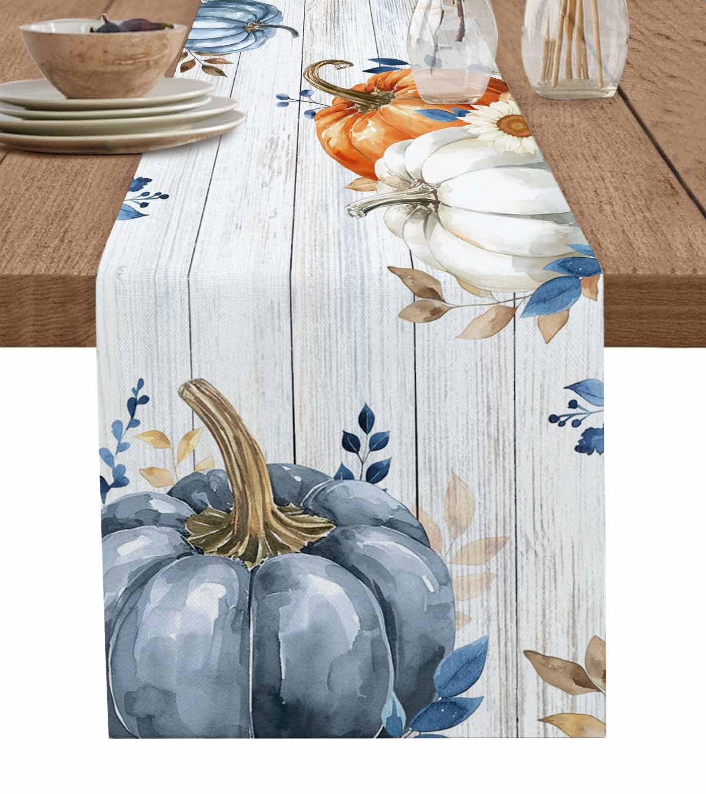 Fall Pumpkin Table Runner 72 Inches, Thanksgiving Eucalyptus Grey Wood ...
