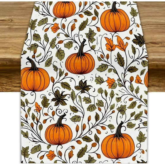 Fall Pumpkin Table Runner, Autumn Thanksgiving Leaves Seasonal Tabletop ...