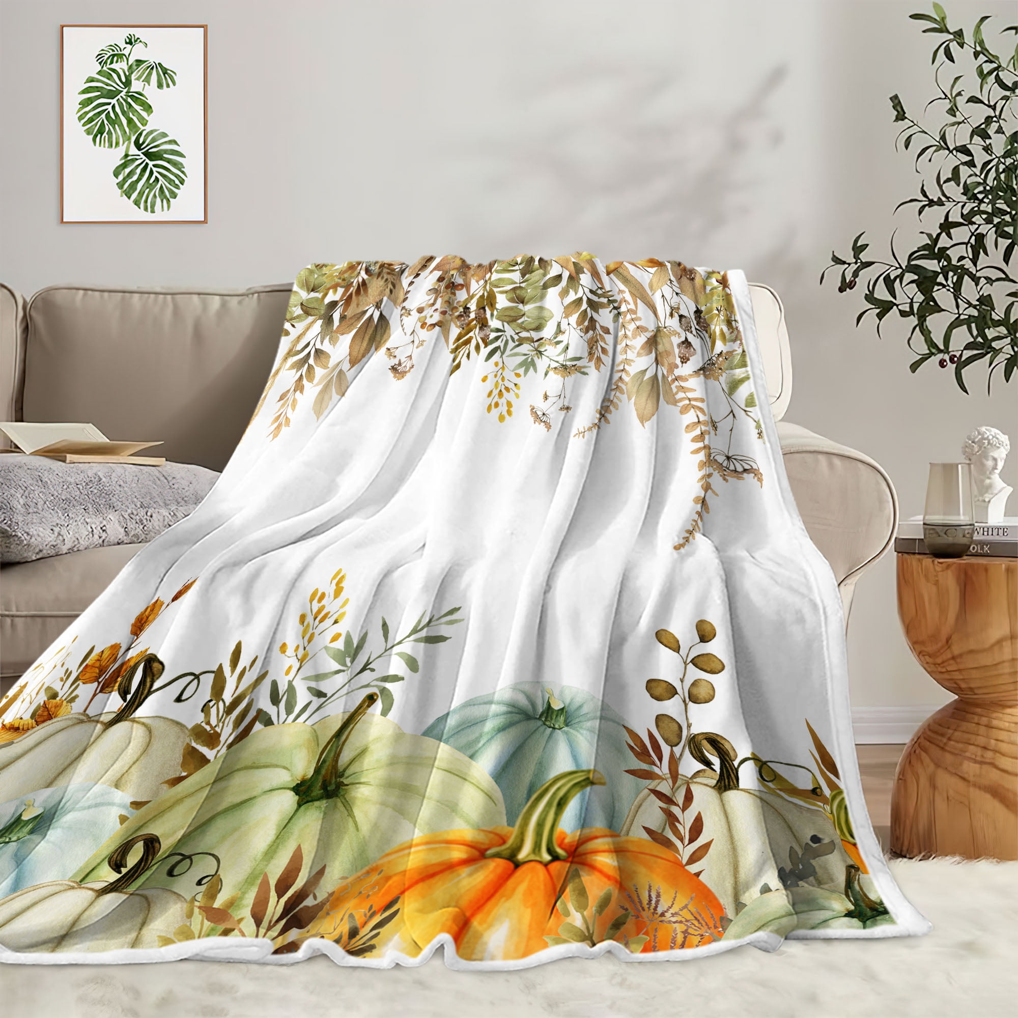 Fall Pumpkin Throw Blanket, Watercolor Autumn Pumpkins Leaves Cozy ...