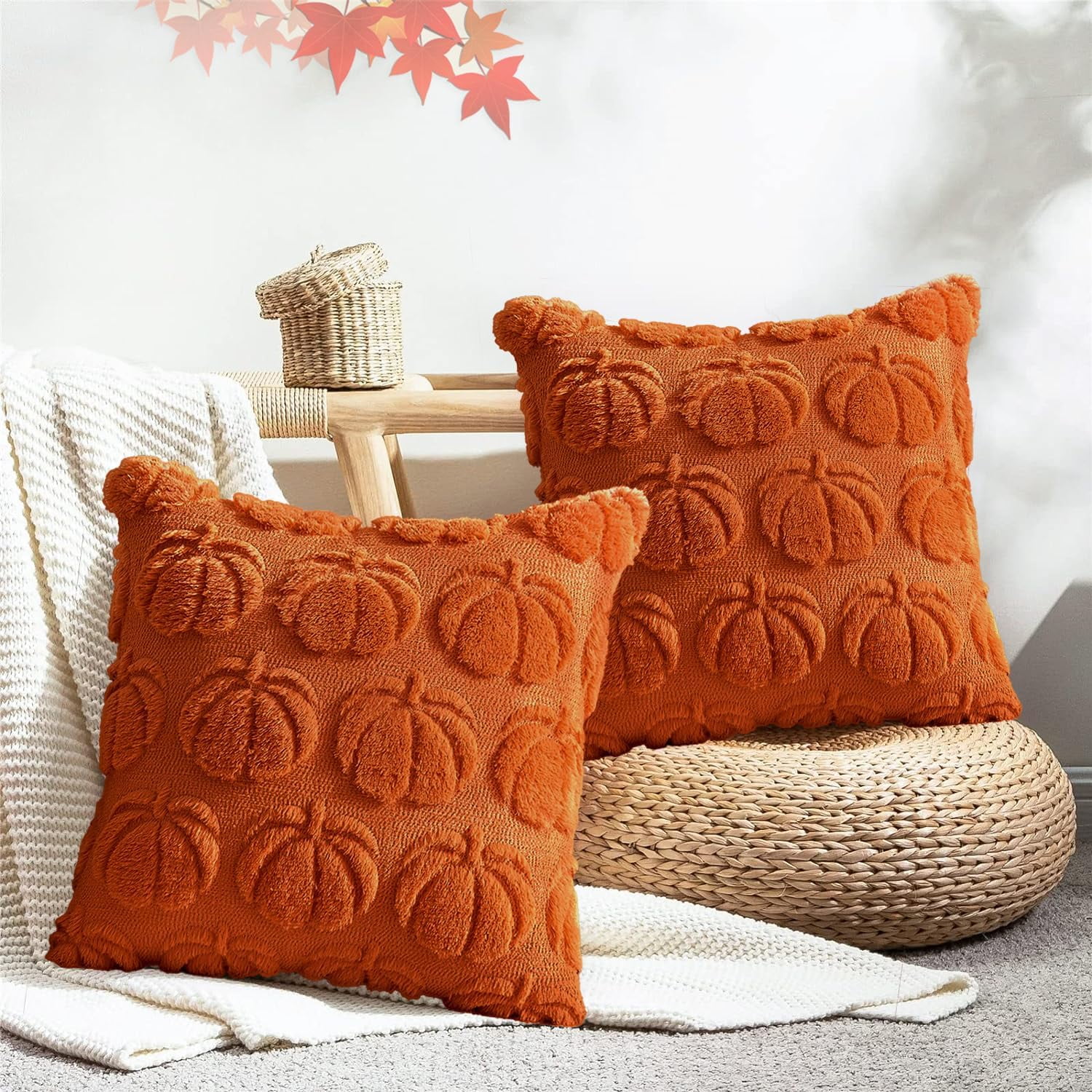 Fall Pumpkin Throw Pillow Covers 20x20 Orange for Sofa Couch and Bed ...