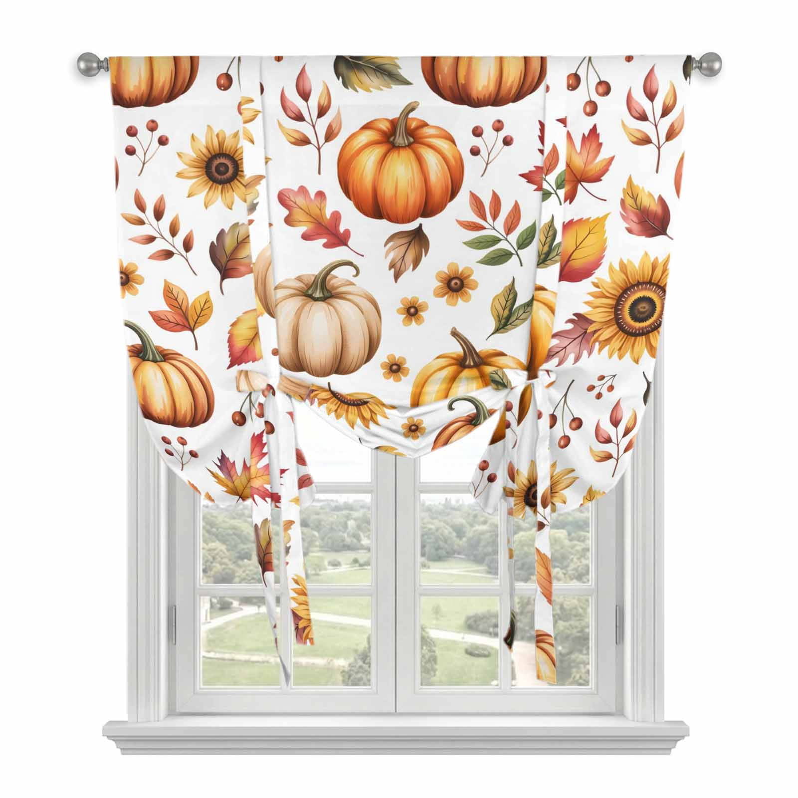 Fall Pumpkin Tie Up Curtain for Window, Yellow Sunflower Fallen Leaves ...