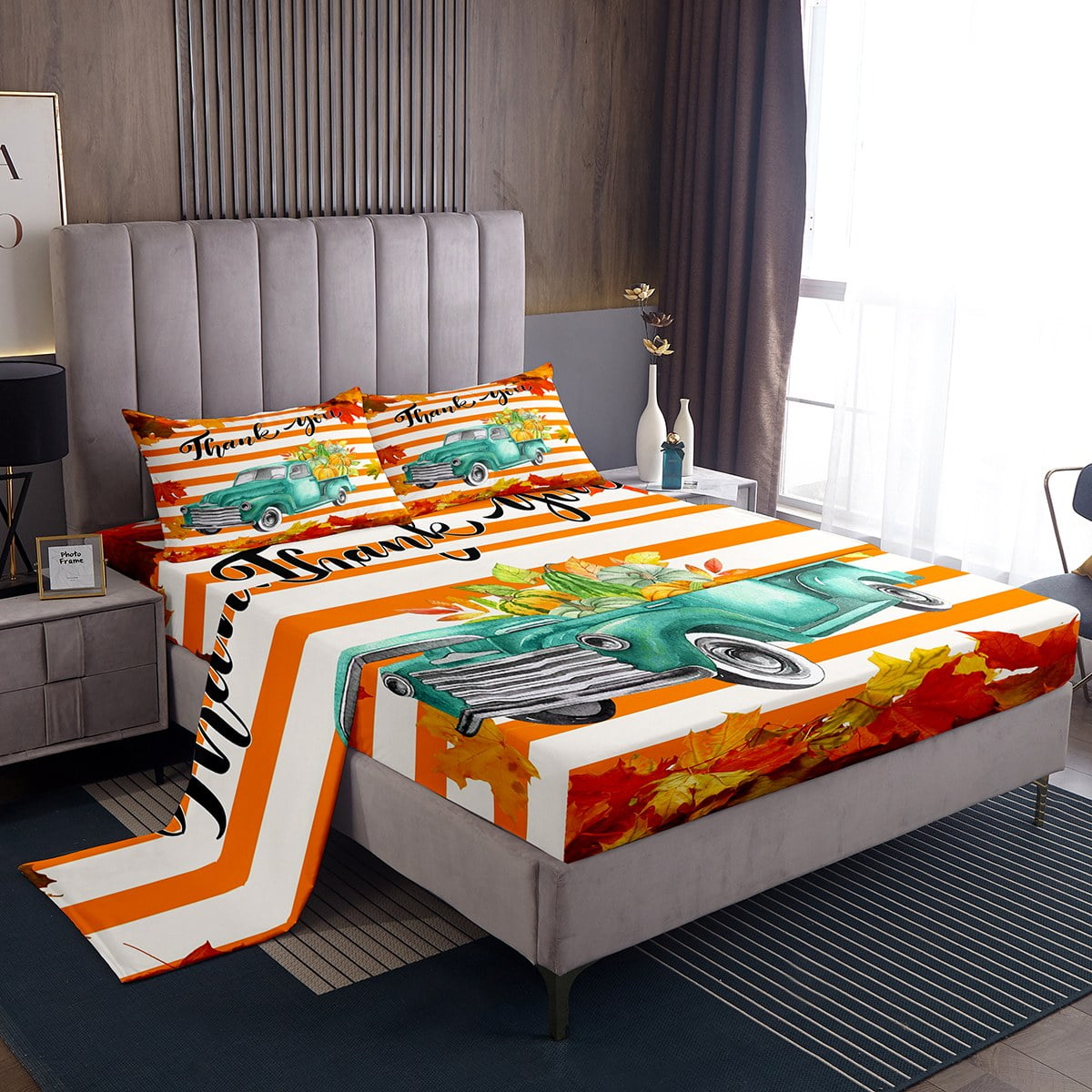 Fall Pumpkin Truck Bed Sheets Set King, Autumn Maple Leaf Sheet Set ...