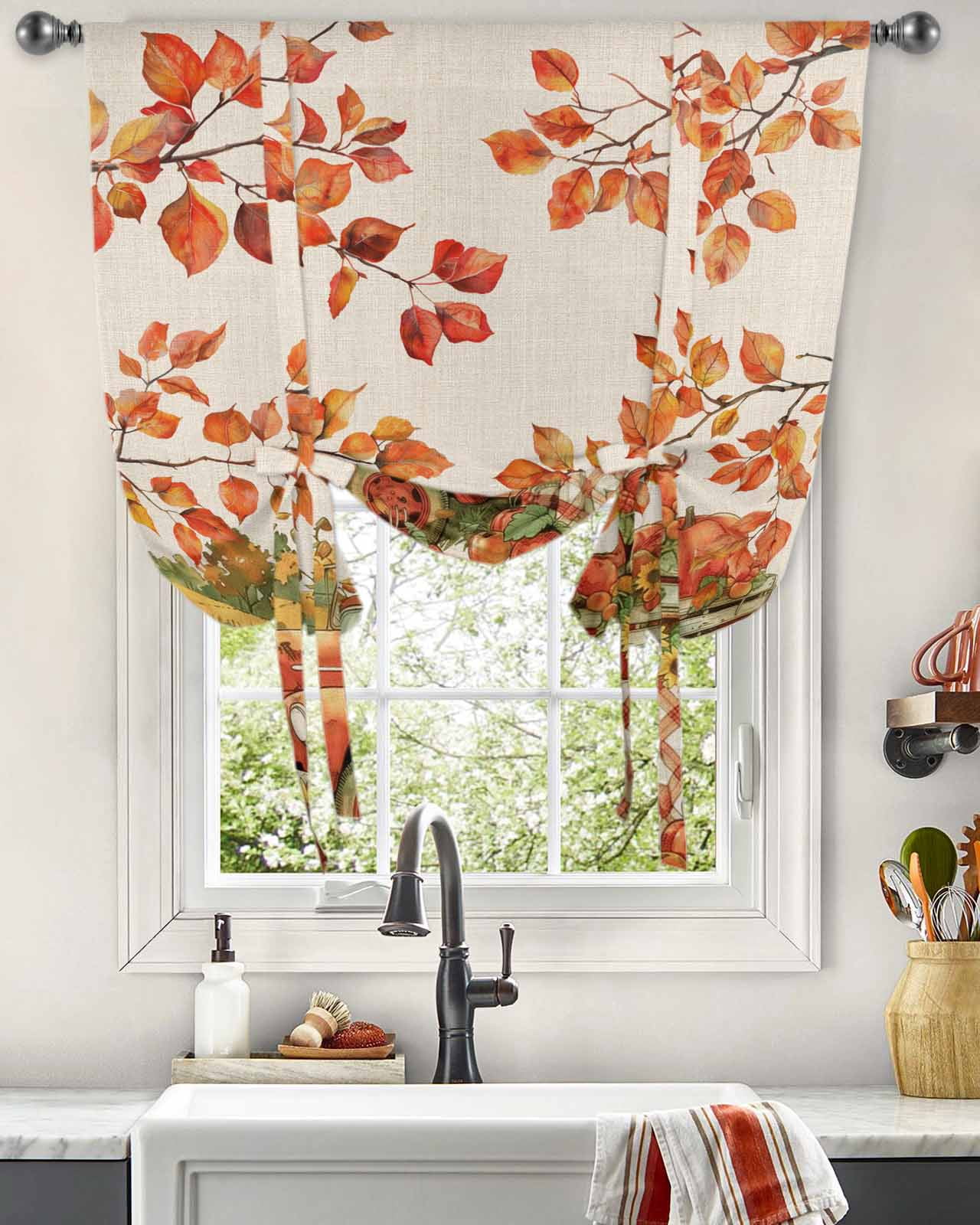 Fall Pumpkin Truck Leaves Retro Window Curtain for Living Room Kitchen ...