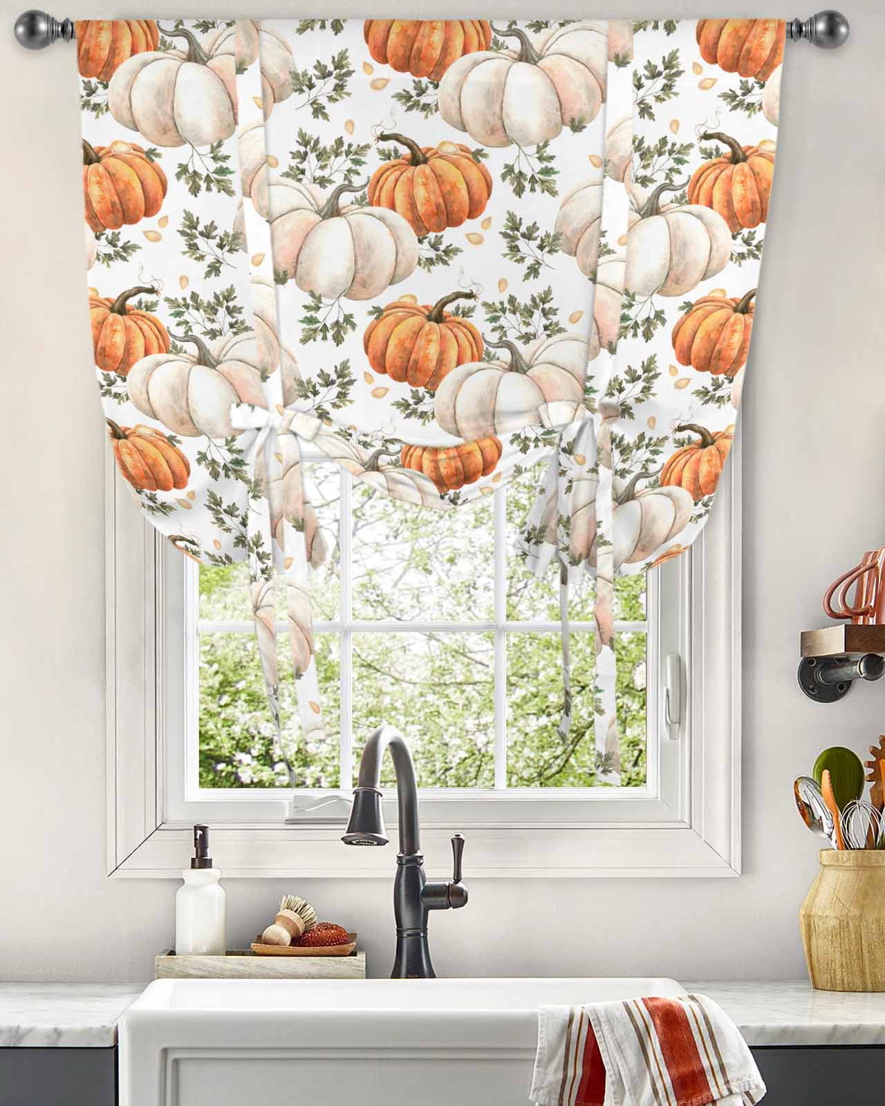 Fall Pumpkin Vines Texture Window Curtain for Living Room Bedroom Balcony Cafe Kitchen Tie-up ...